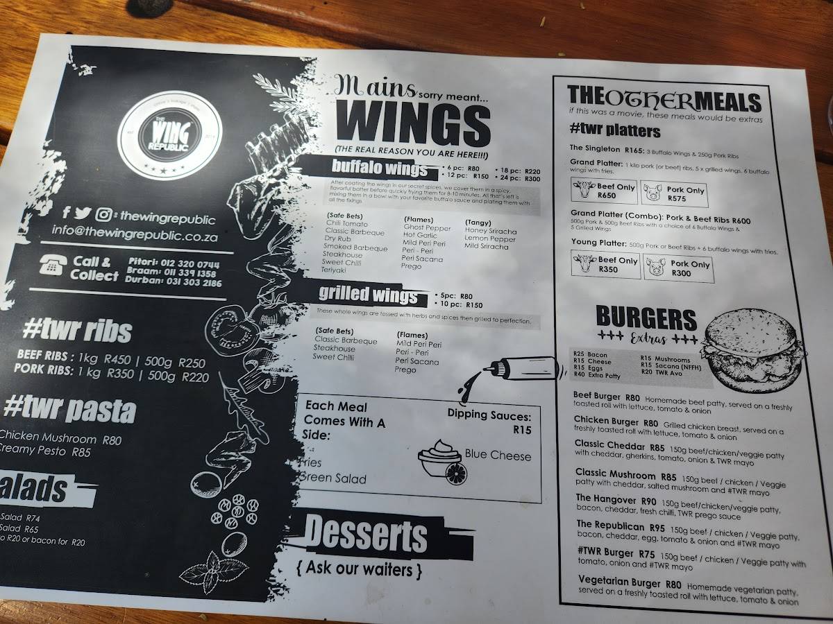 Menu at The Wing Republic on Florida Road, Durban