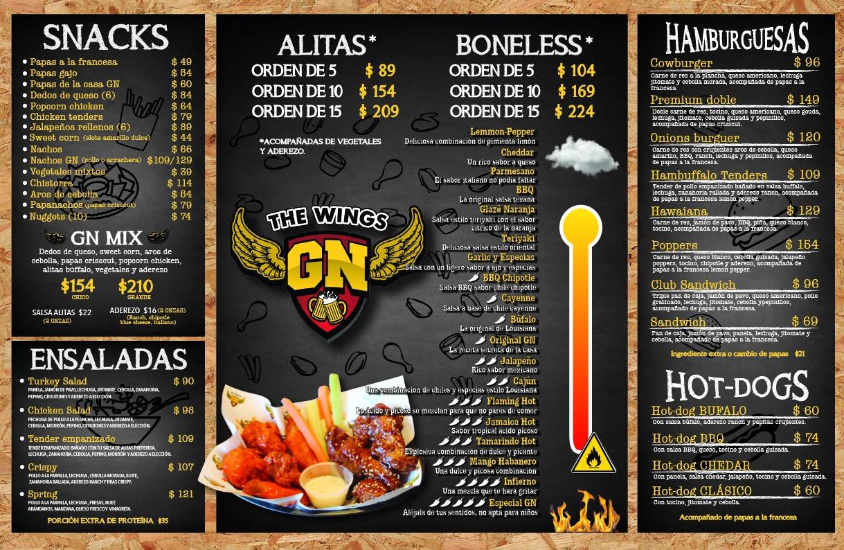 Carta del pub y bar The Wings GN, Arandas