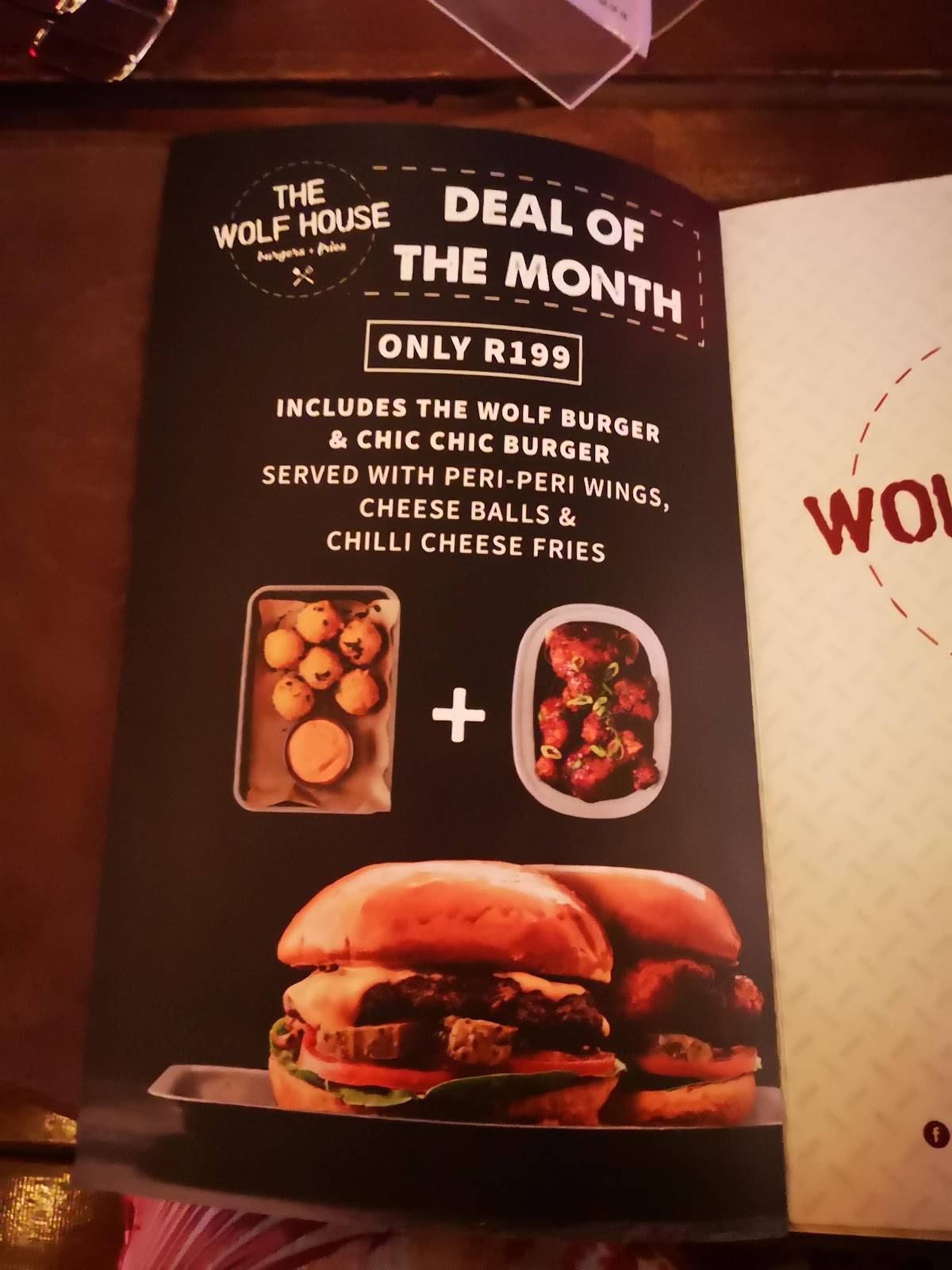 Menu at The Wolf House restaurant, Cape Town