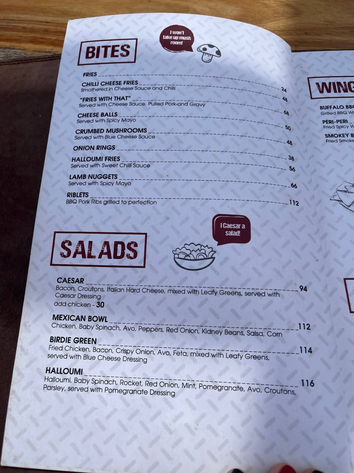 Menu at The Wolf House restaurant, Cape Town