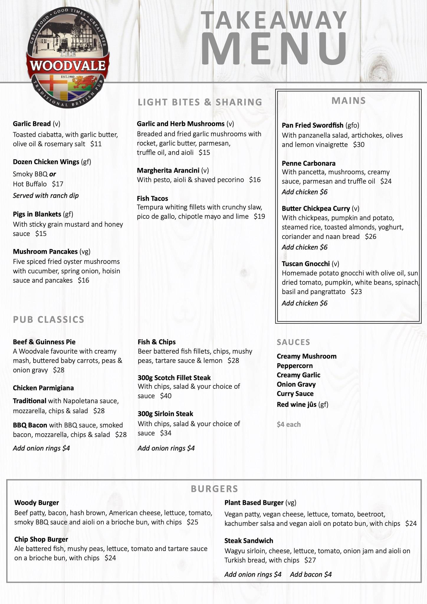 Menu at The Woodvale Tavern pub & bar, Woodvale