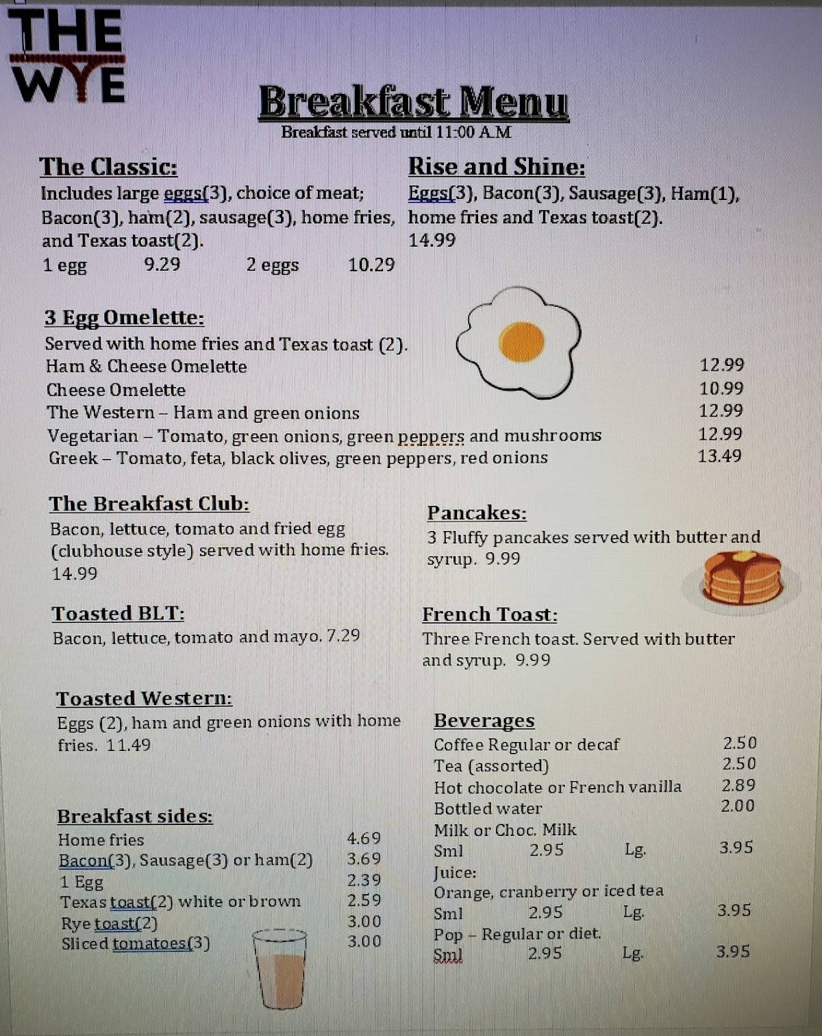 Menu at The Wye Restaurant & Bar, Iroquois Falls