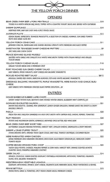 Menu at The Yellow Porch Restaurant, Nashville