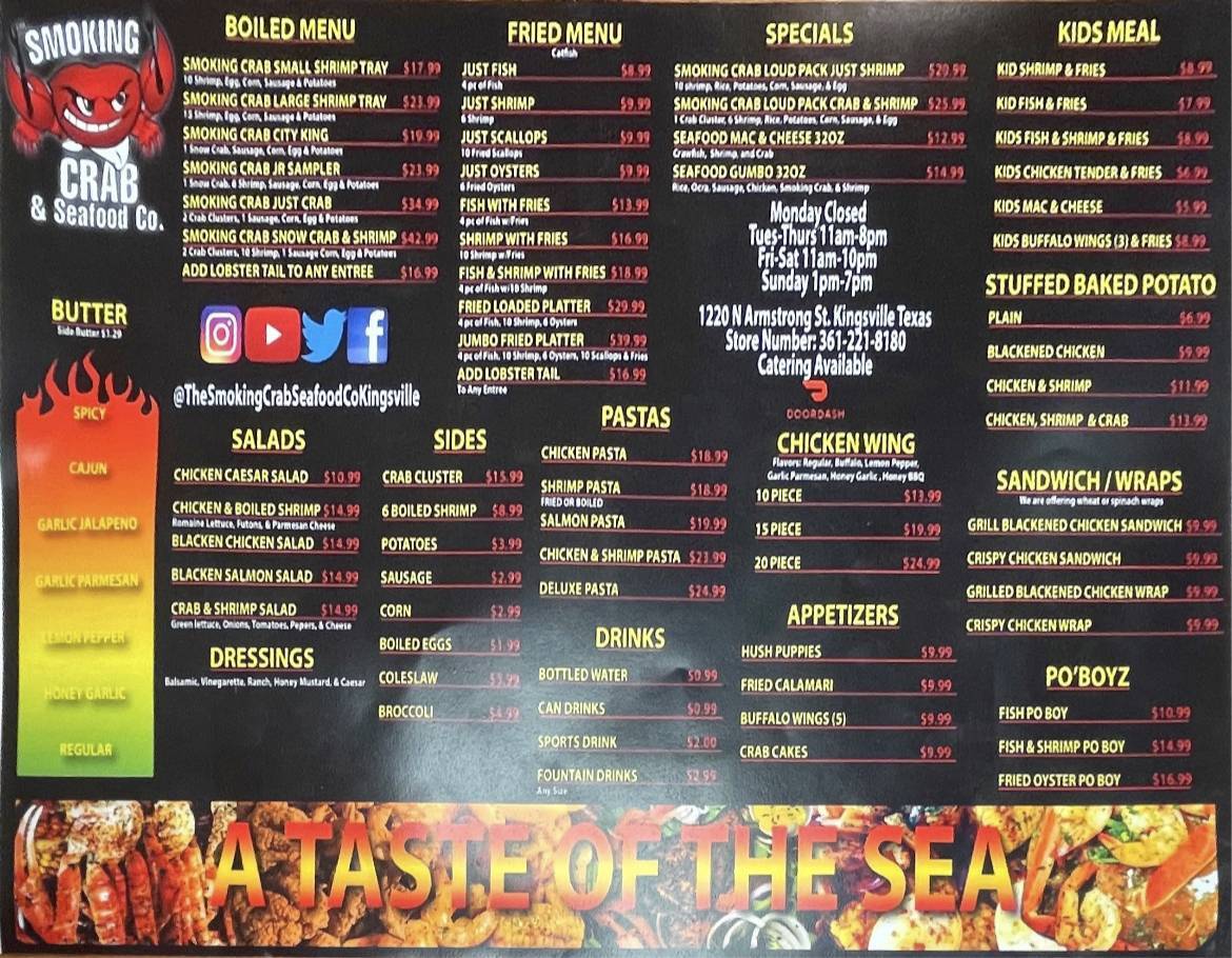 Menu at Smoking Craband Seafood restaurant, Kingsville