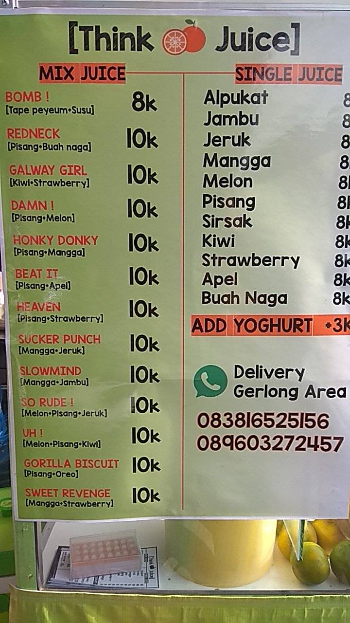 Menu at ThinkJuice.Inc pub & bar, Bandung