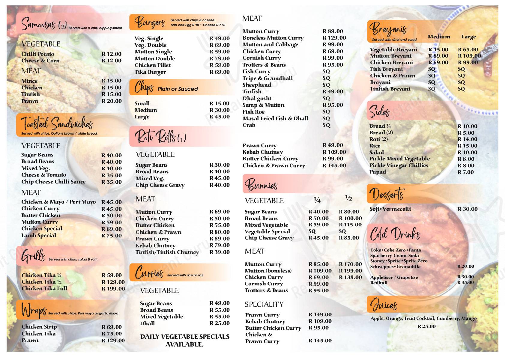 Menu at Thithar restaurant, Pietermaritzburg