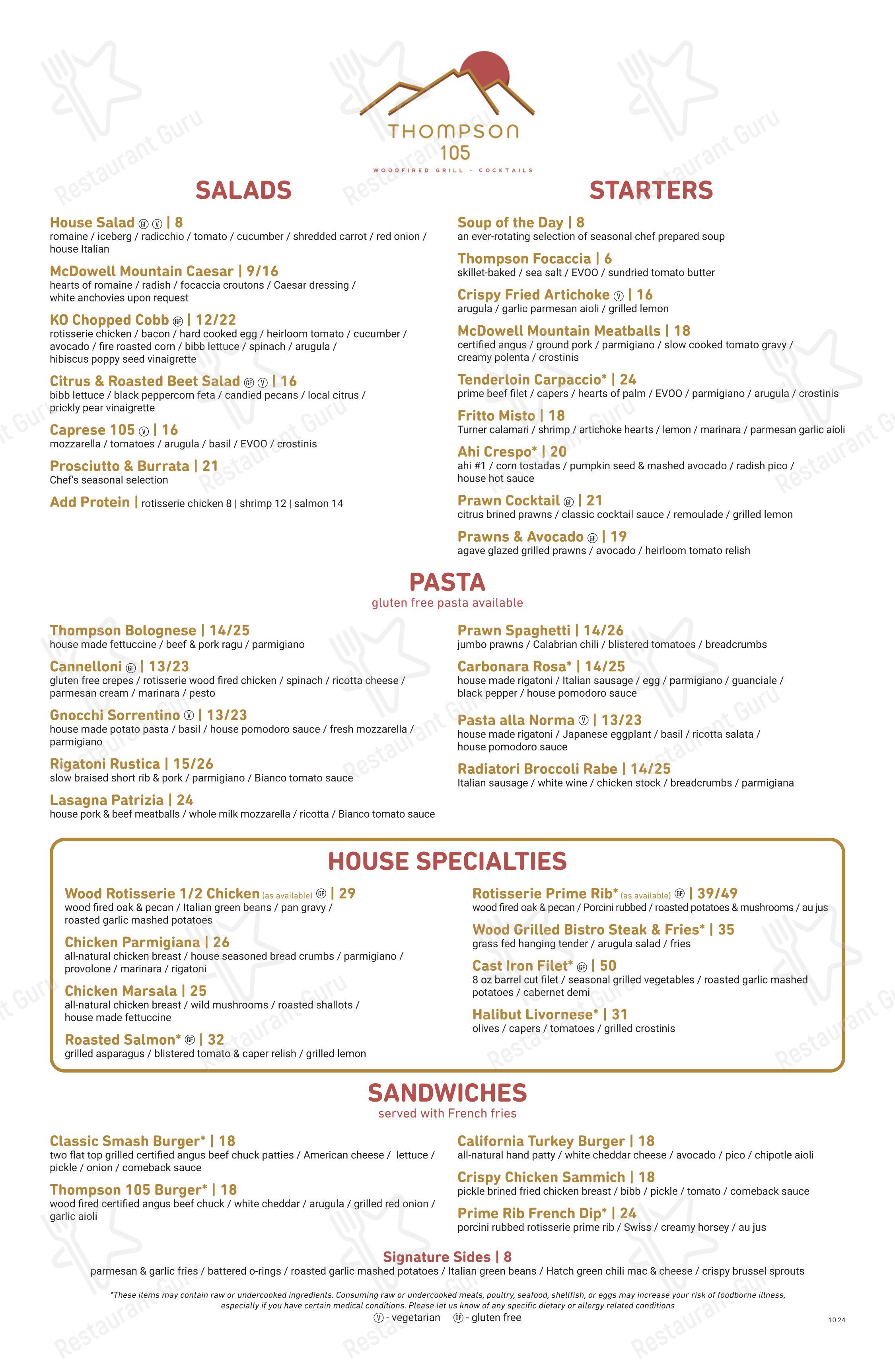 Menu at Thompson 105 restaurant, Scottsdale