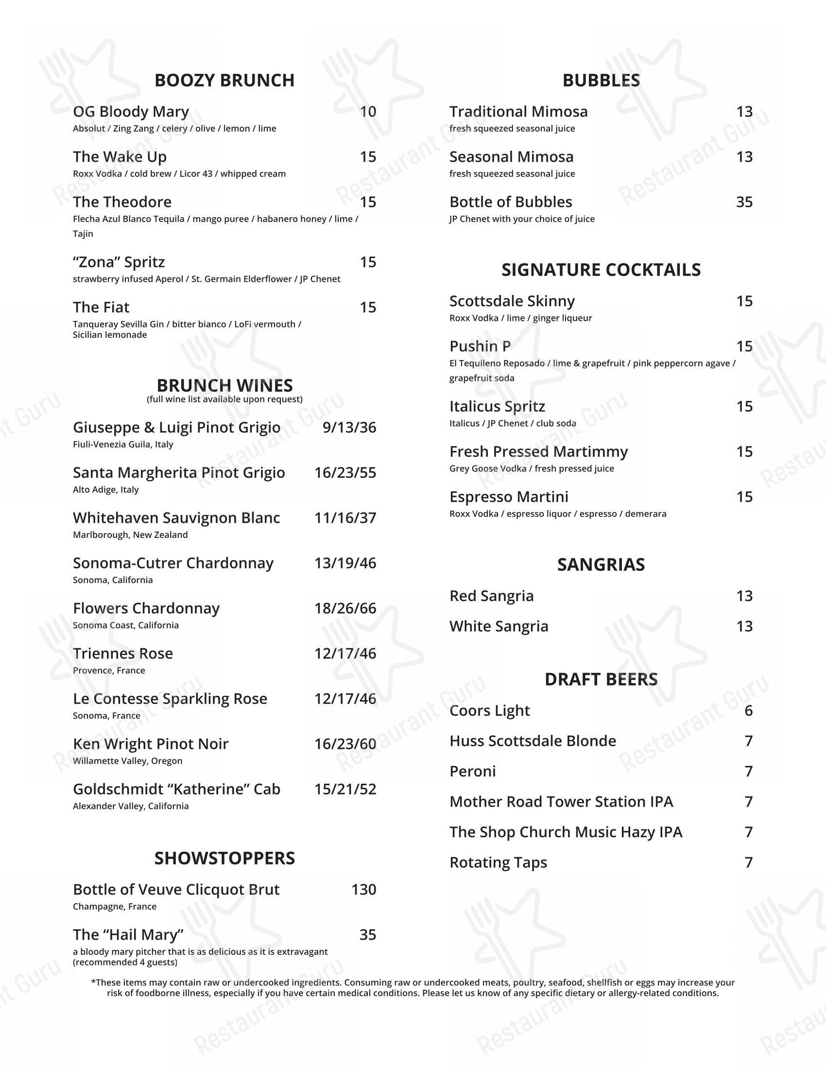 Menu at Thompson 105 restaurant, Scottsdale