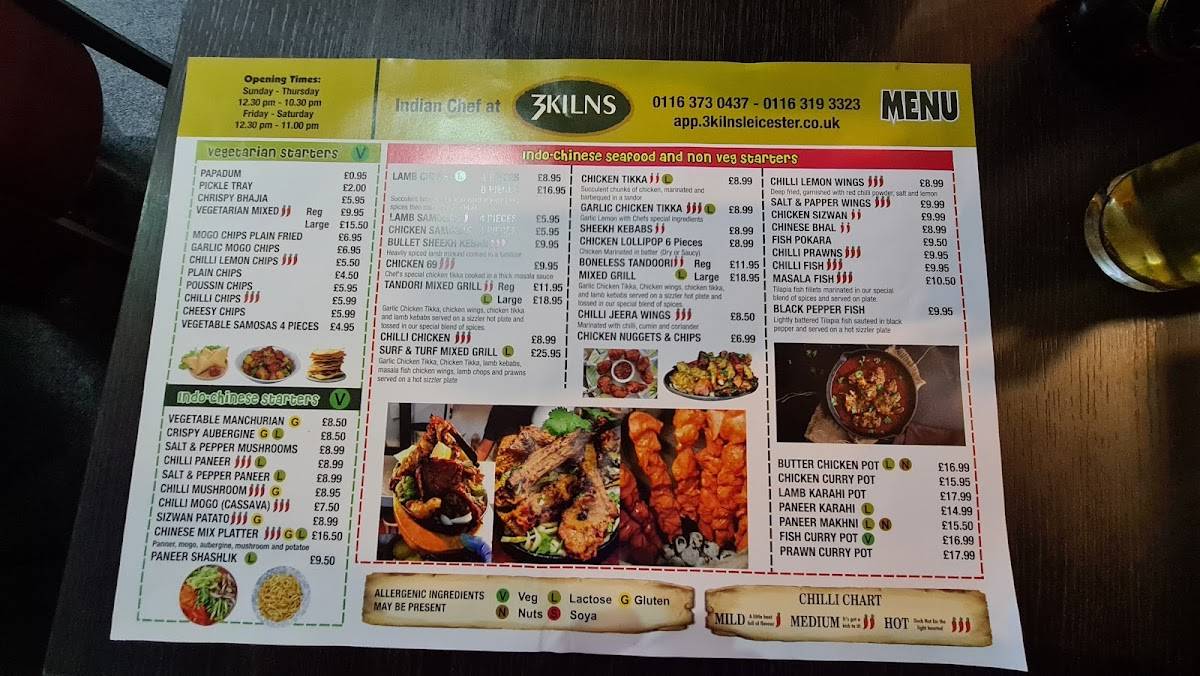 Menu at 3 Kilns restaurant, Leicester