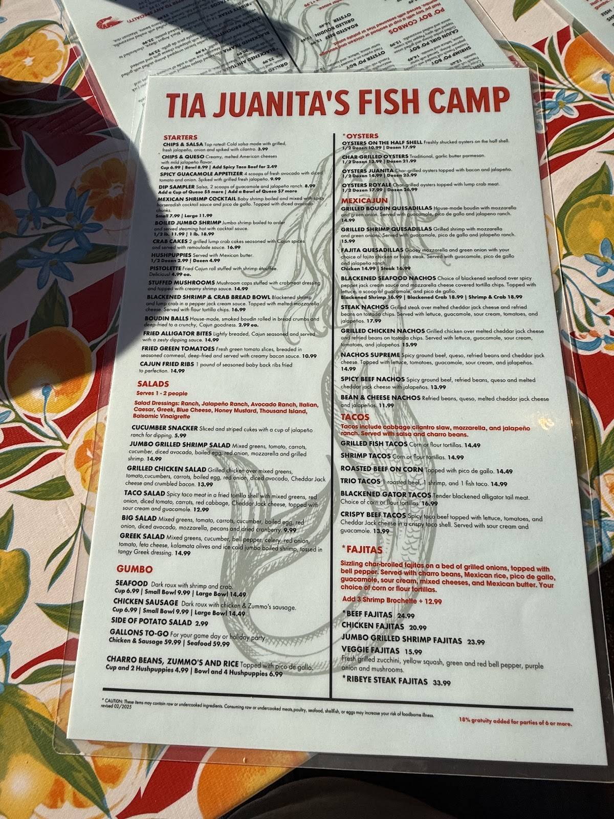 Menu at Tía Juanitas Fish Camp Port Arthur restaurant, Port Arthur