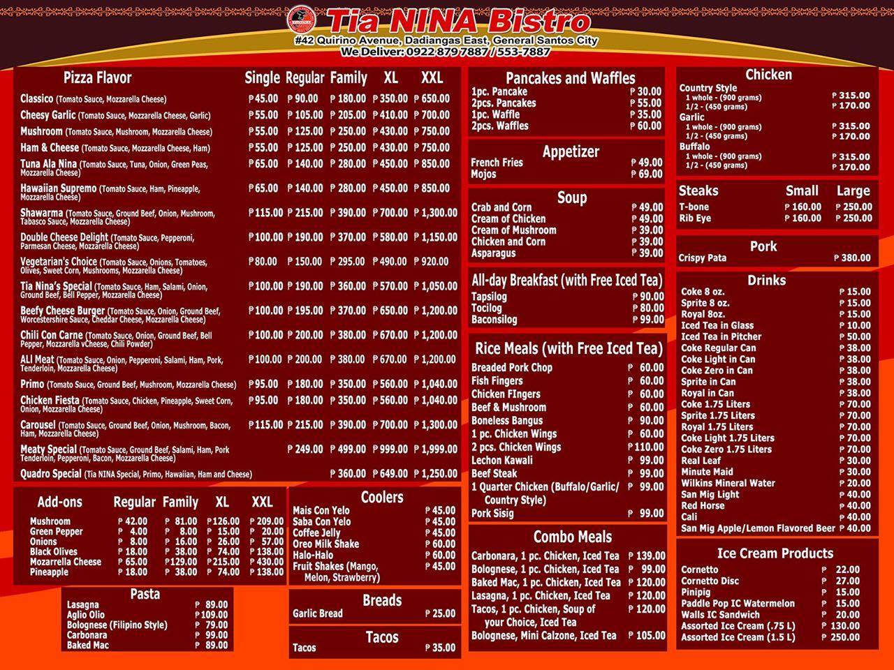 Menu at Tia Nina Bistro GenSan General Santos restaurant, General ...
