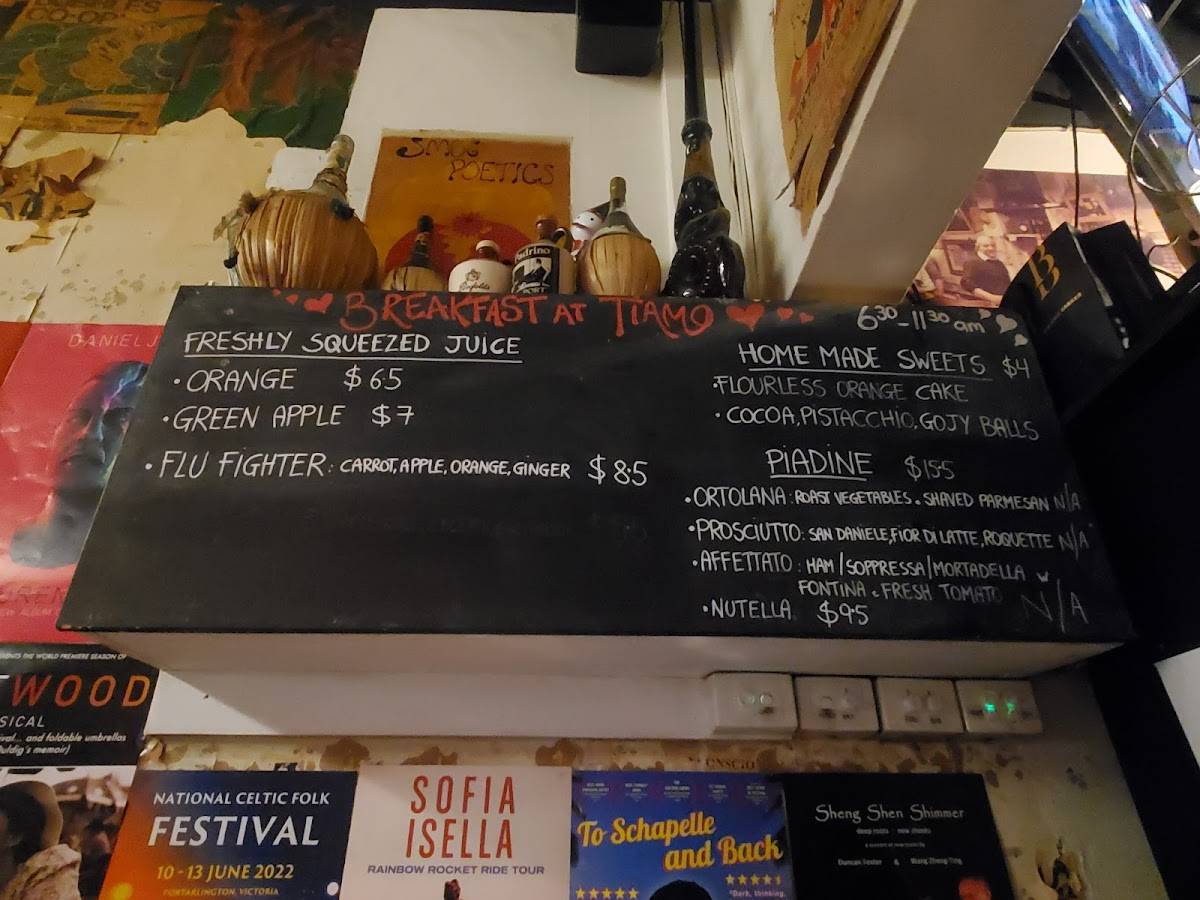 Menu at Tiamo restaurant, Carlton