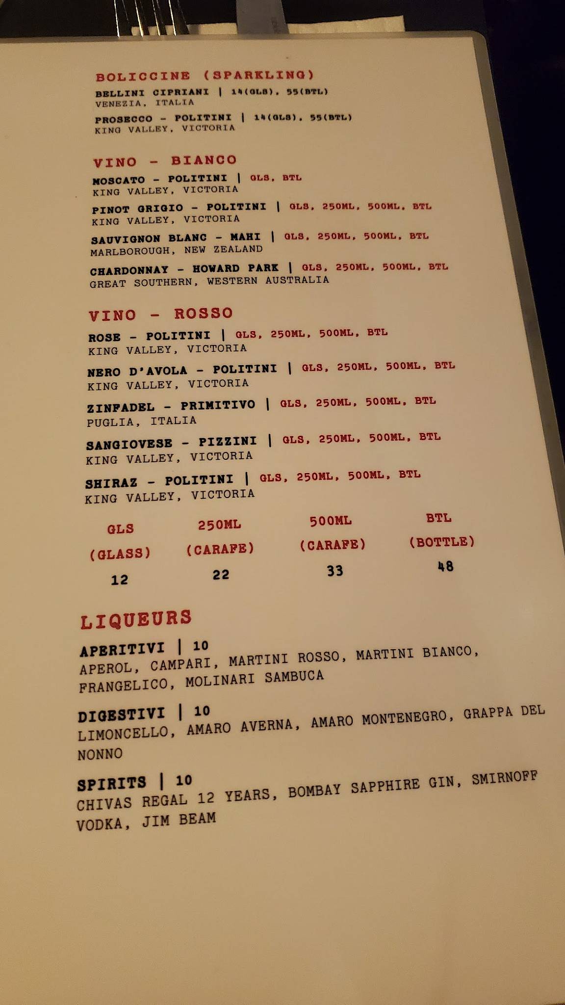 Menu at Tiamo restaurant, Carlton