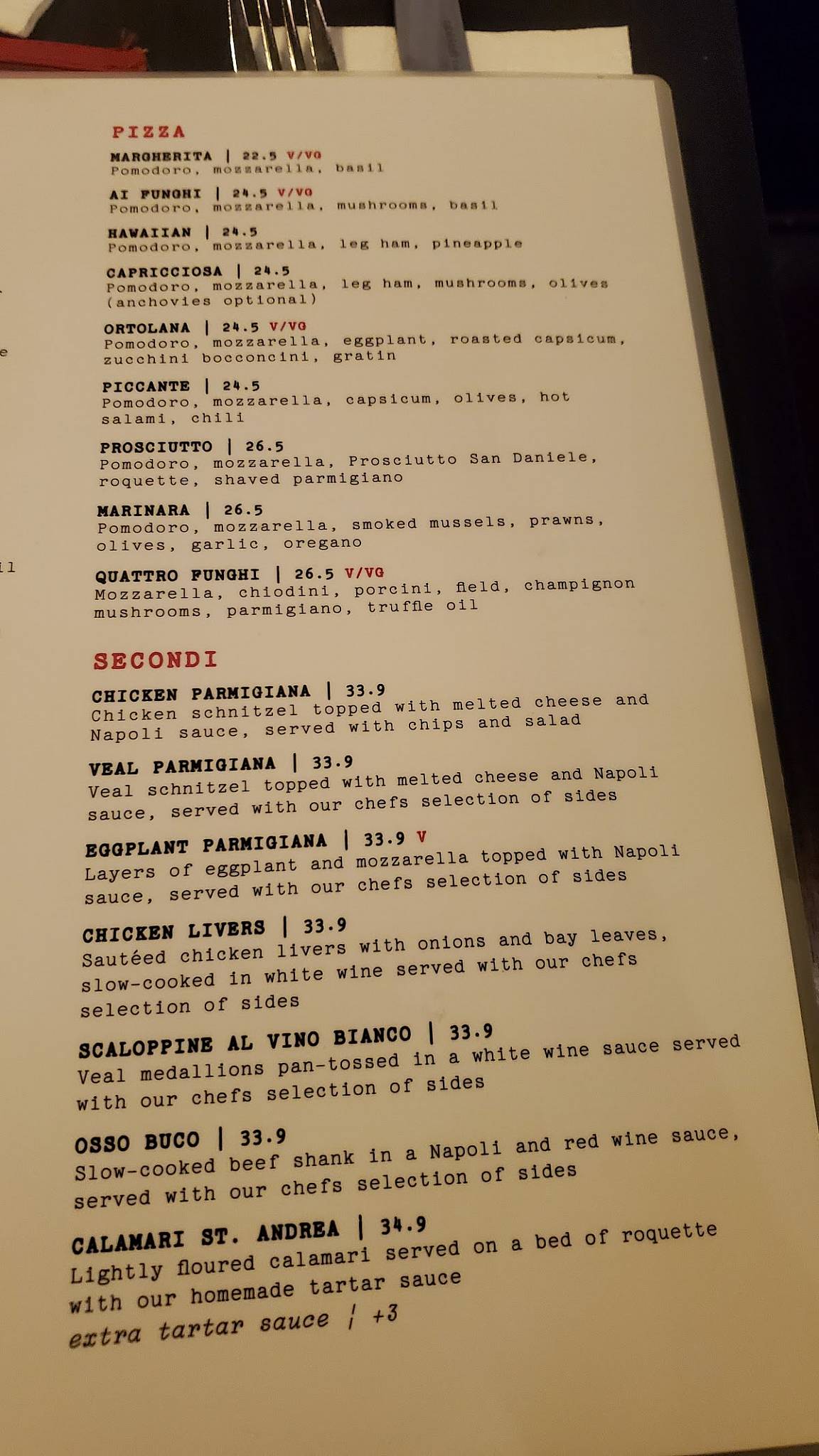 Menu at Tiamo restaurant, Carlton