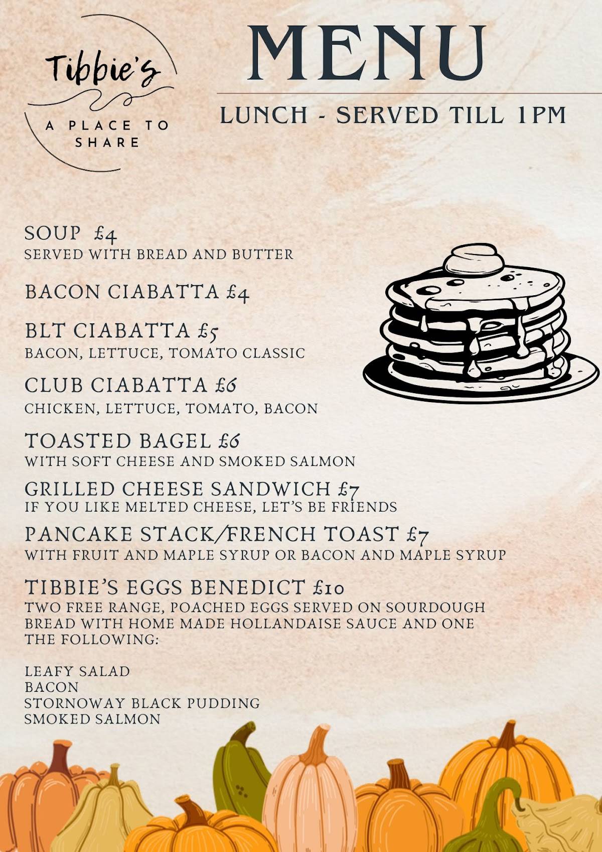 Menu at Tibbie's restaurant, Selkirk