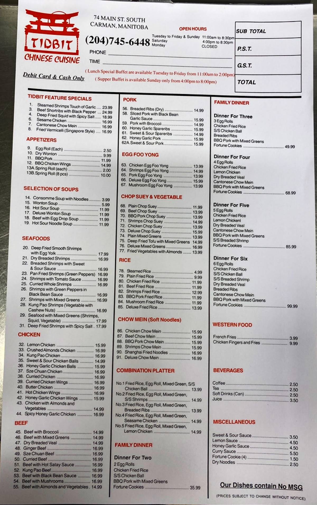 Menu at Tidbit Restaurant, Carman