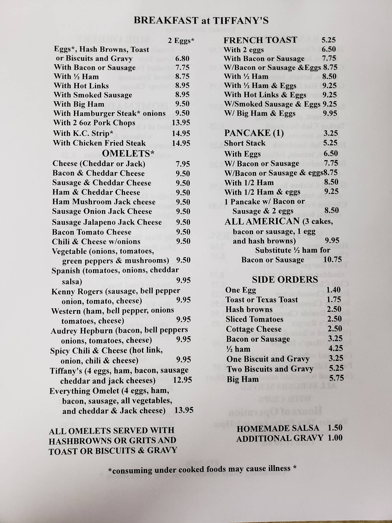 Menu at Tiffany's restaurant, Noble