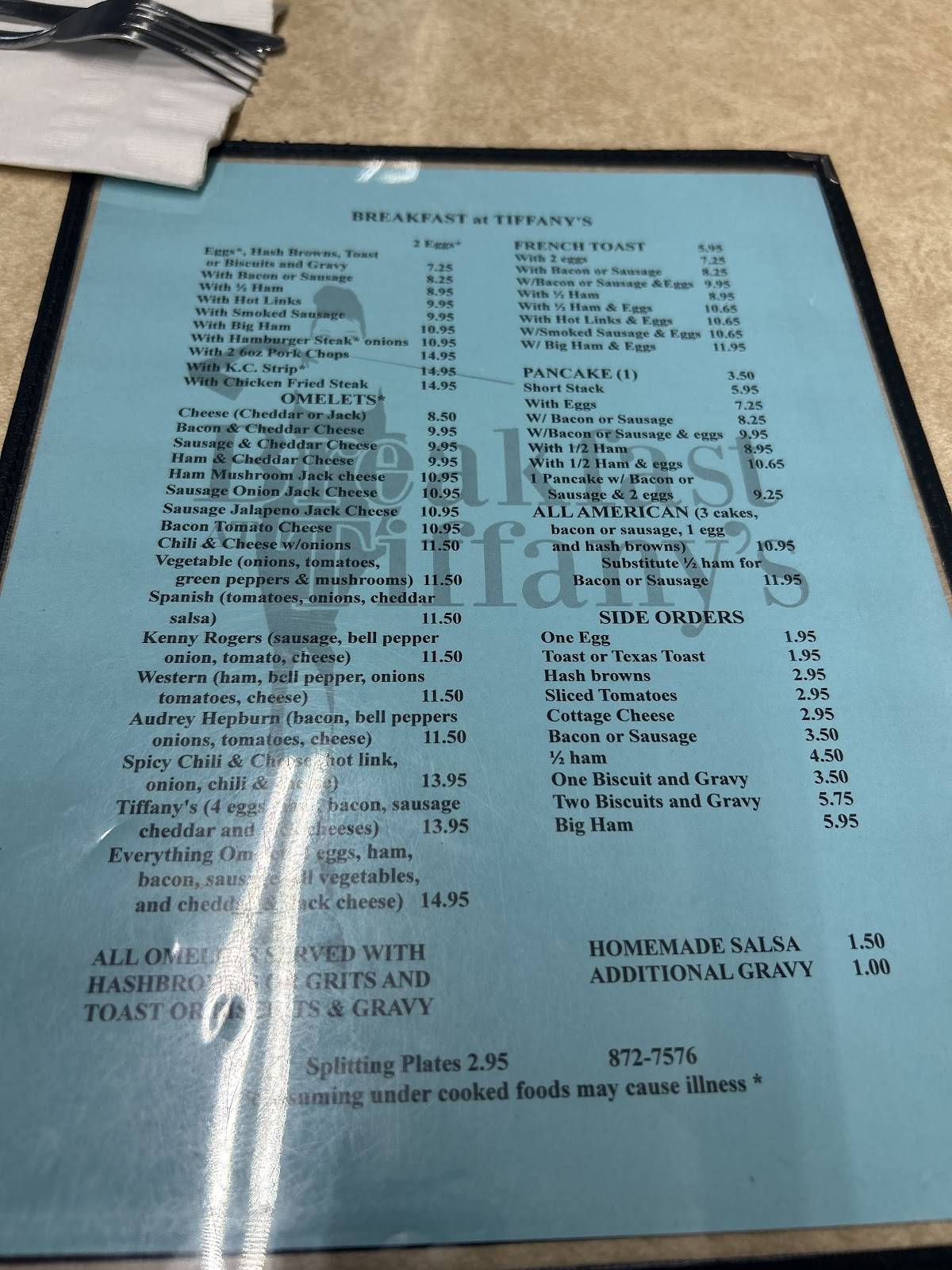 Menu at Tiffany's restaurant, Noble