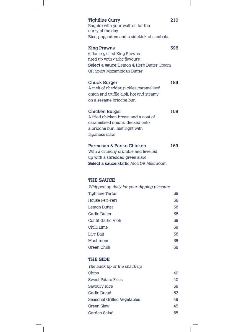 Menu at Tightline Salta restaurant, Umdloti