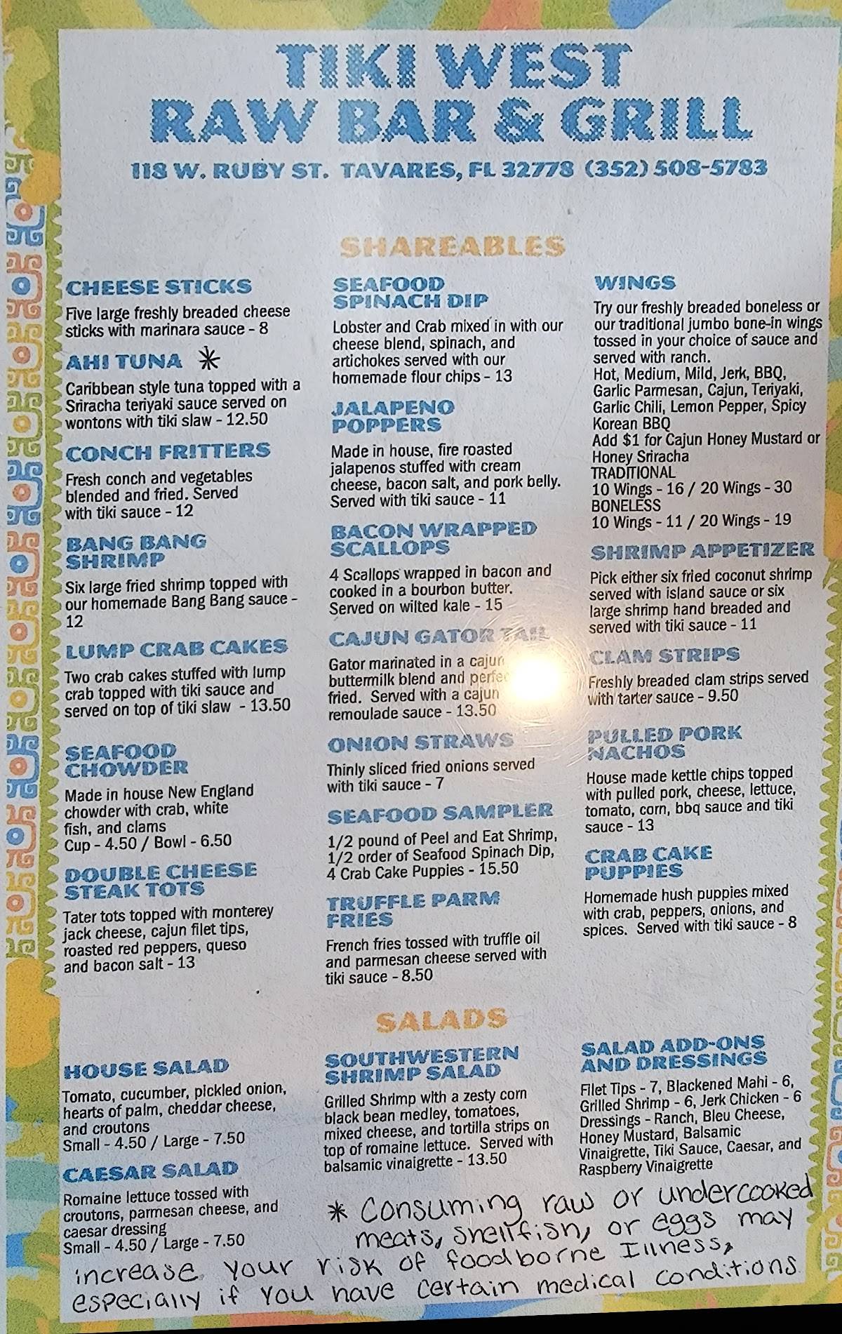 Menu at Tiki West Raw Bar and Grill, Tavares