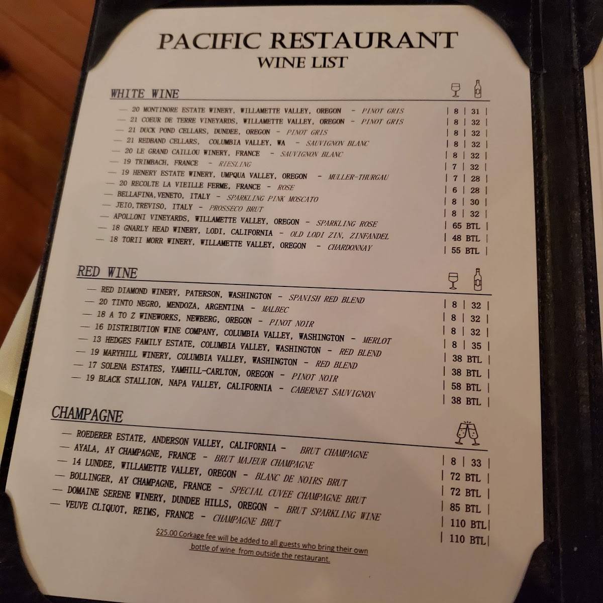Menu at Pacific Restaurant, Tillamook, 205 Main Ave