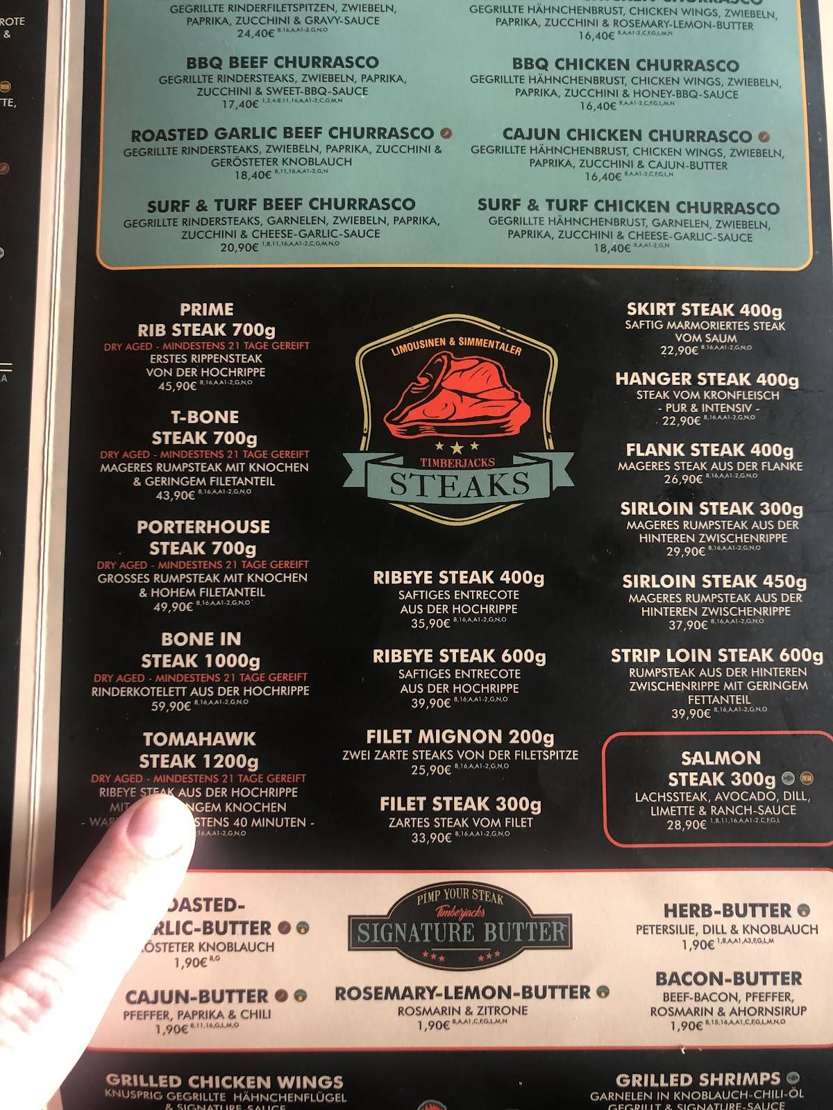 Speisekarte von Timberjacks Kassel steakhaus, Kassel