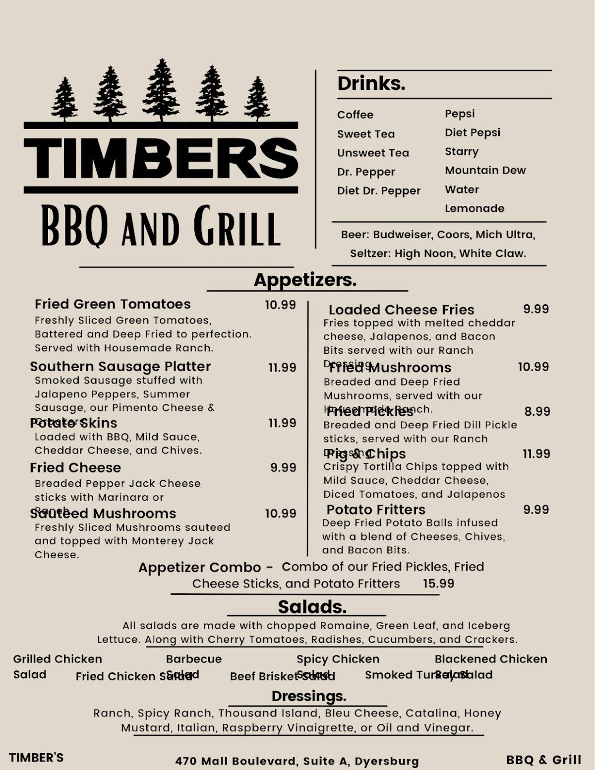 Menu at Timbers BBQ and Grill, Dyersburg