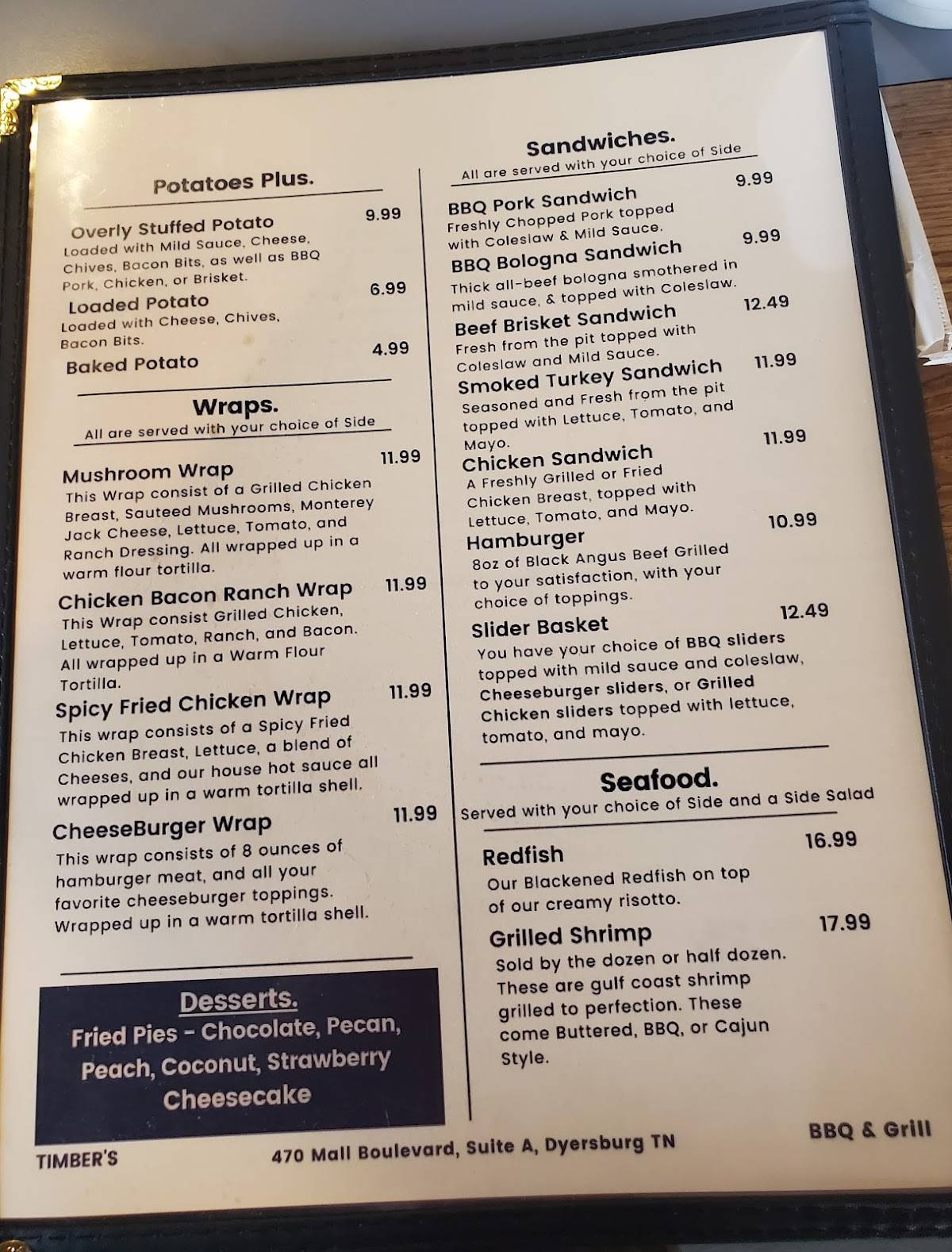 Menu at Timbers BBQ and Grill, Dyersburg