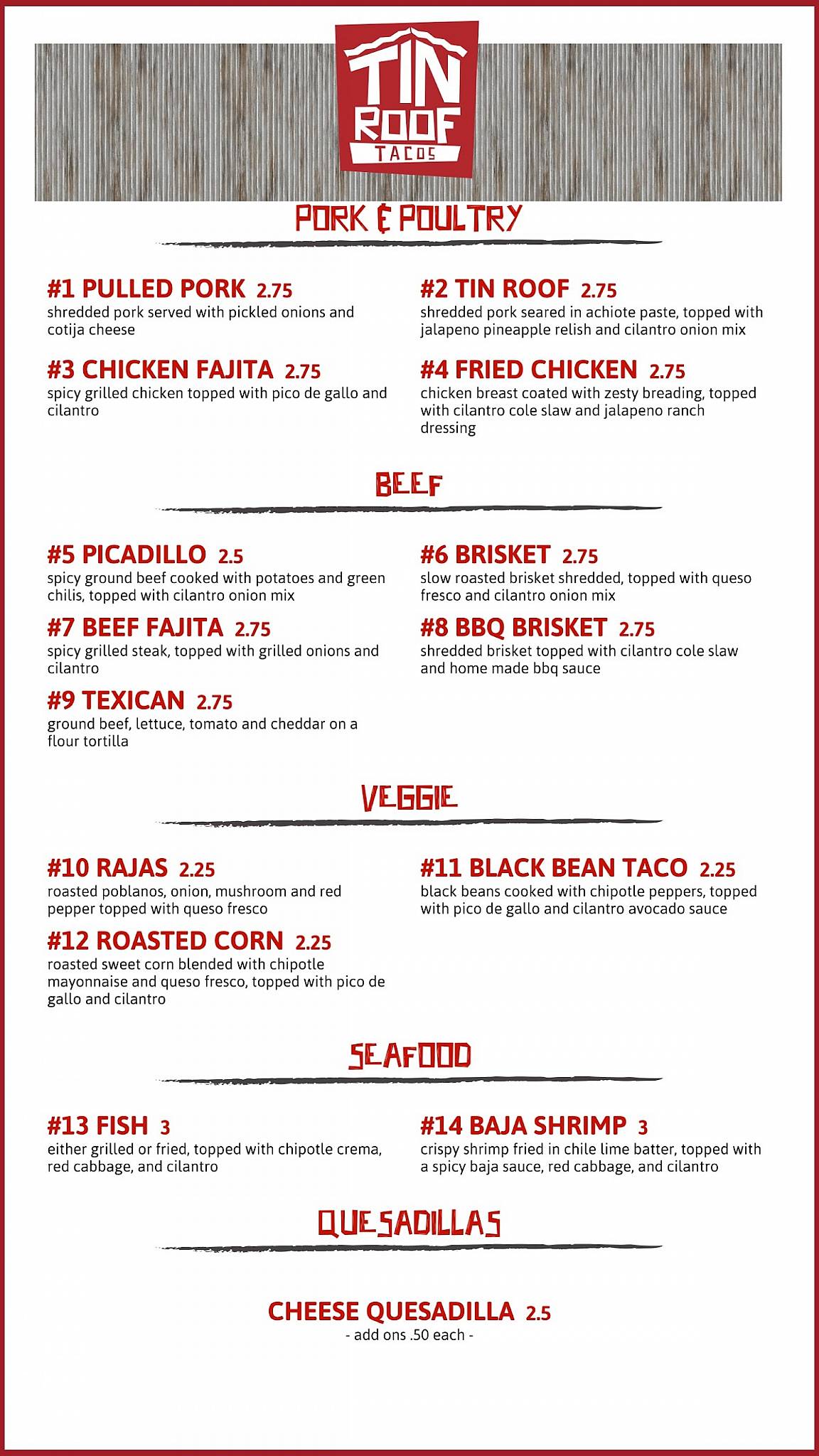 Menu at Tin Roof Tacos restaurant, Nampa