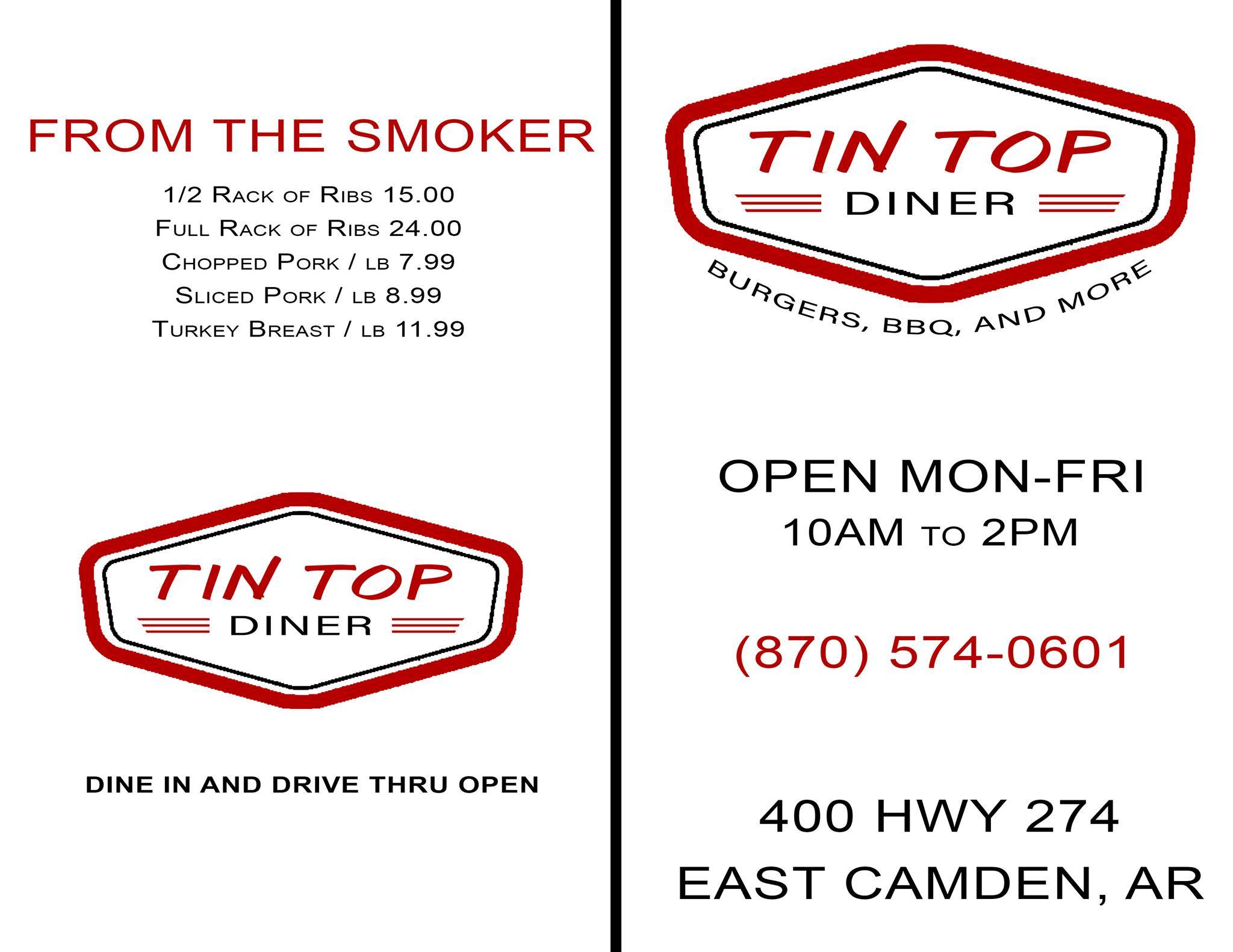 Menu at Tin Top Diner restaurant, East Camden, 400 AR-274