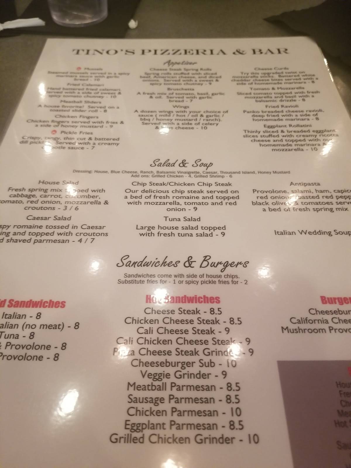 Menu at Tino's Pizzeria & Bar, Reading