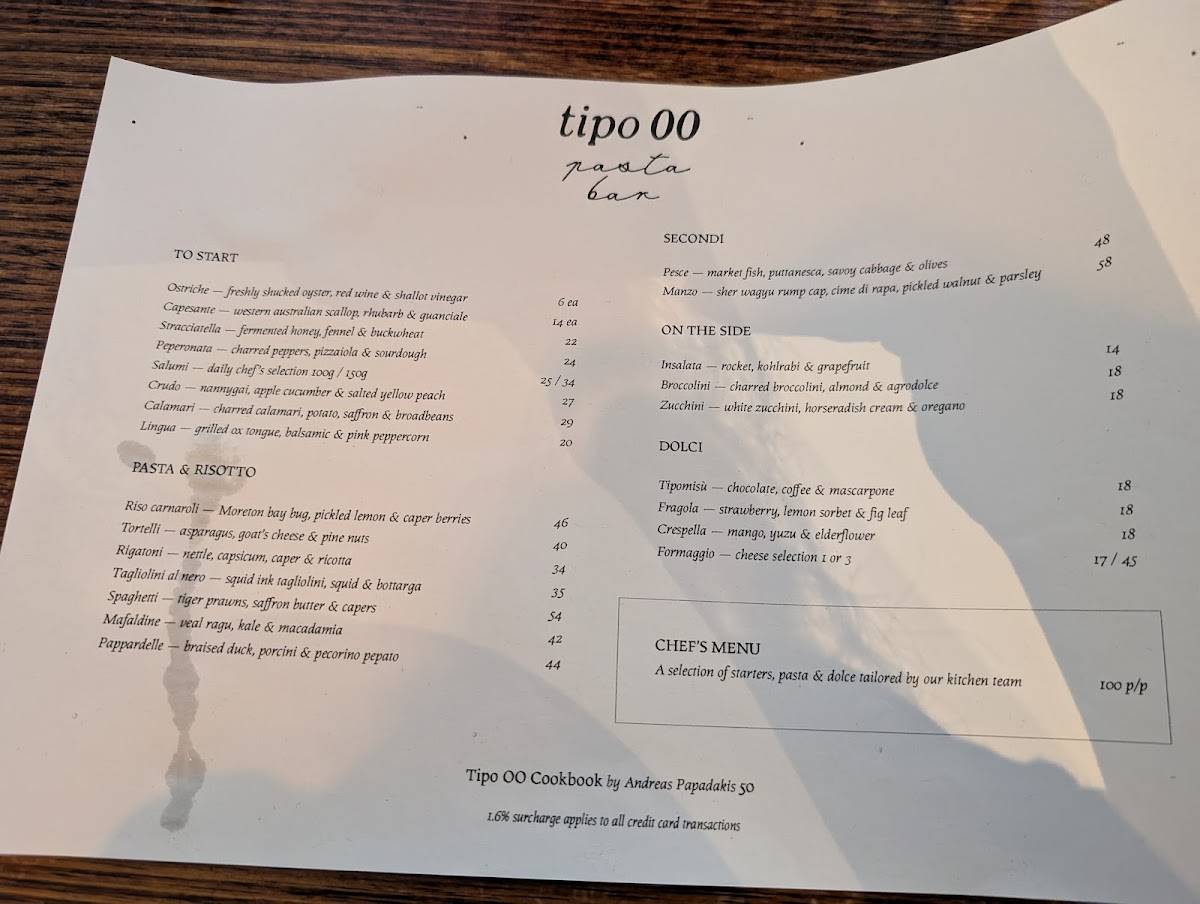 Menu at Tipo 00 restaurant, Melbourne