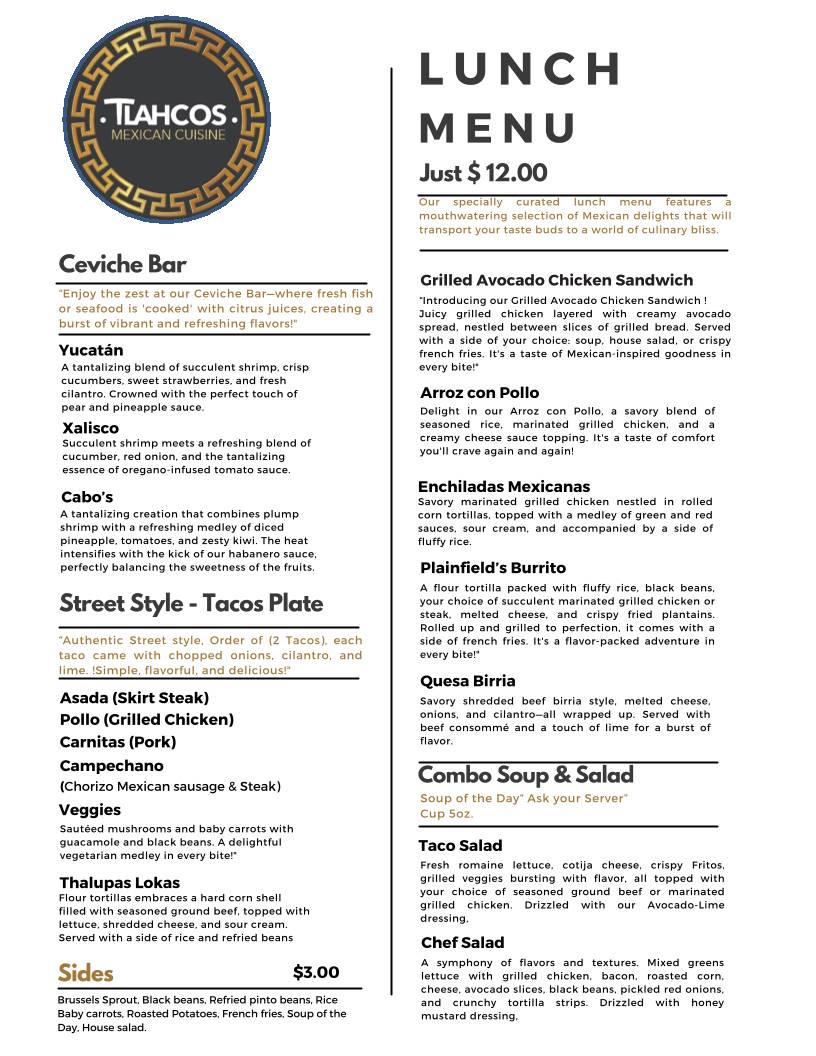 Menu at Tlahcos restaurant, Plainfield