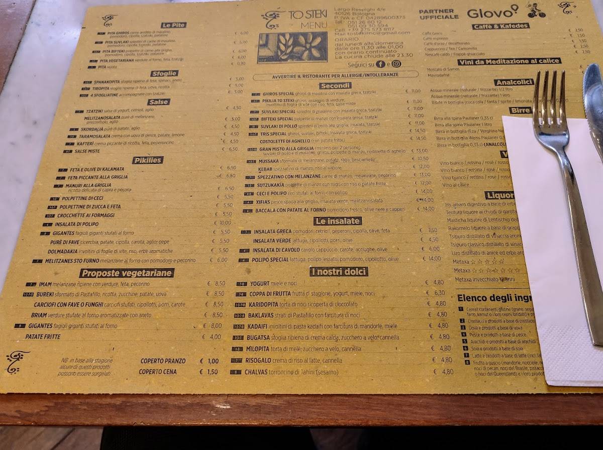 Menu da To Steki pub & bar, Bologna