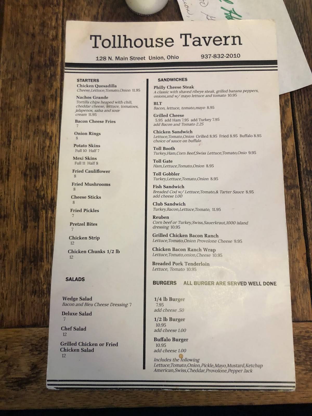 Menu at Toll House Tavern pub & bar, Union, 128 N Main St