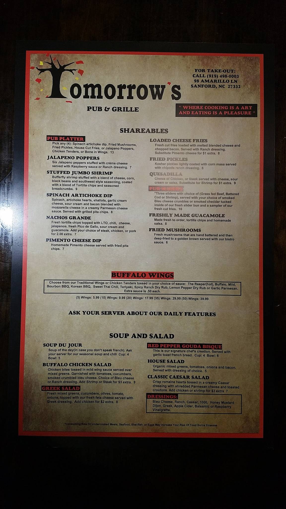 Menu at Tomorrow's Pub & Grille, USA