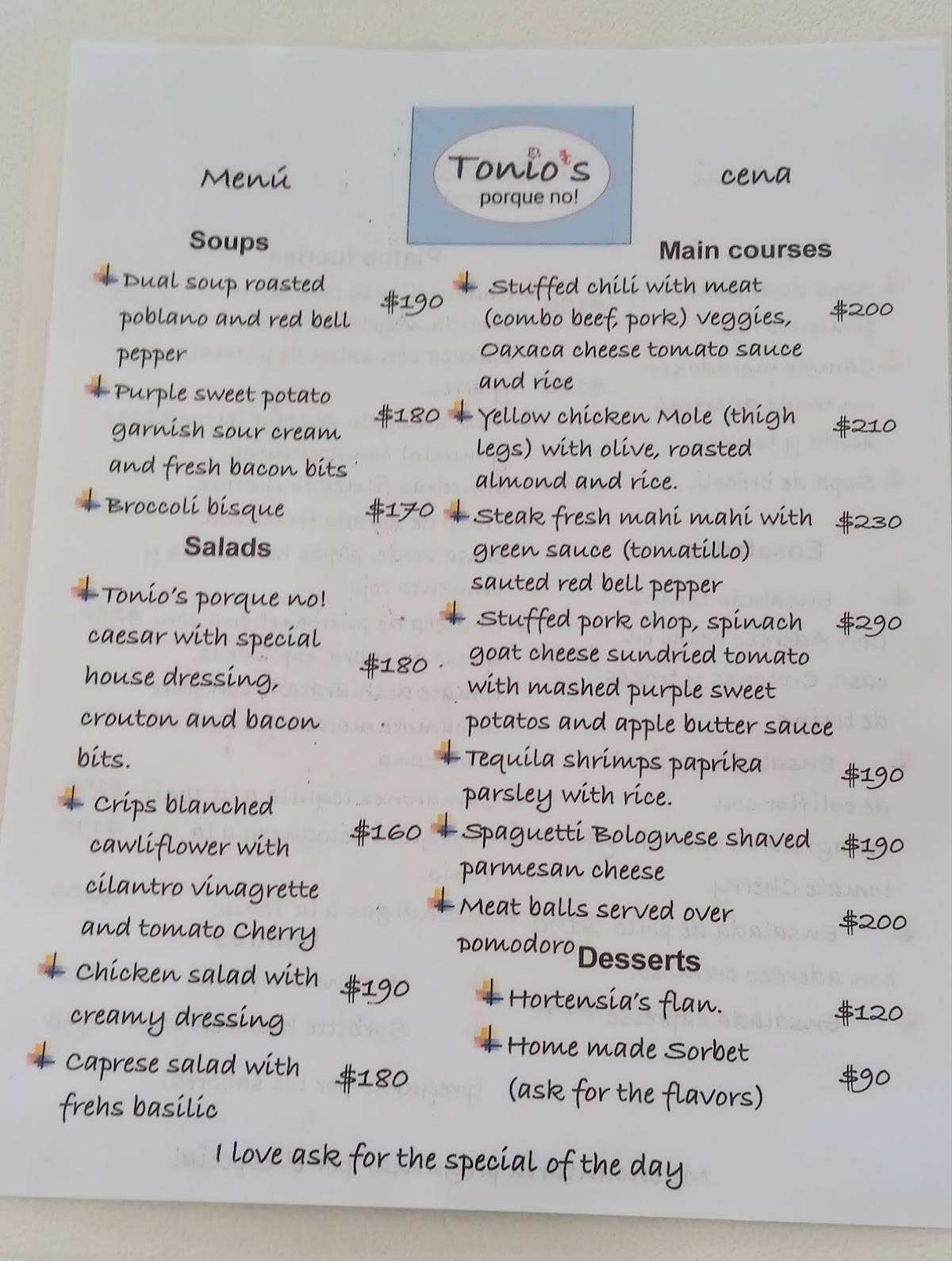 Menu at Tonio's restaurant, Zihuatanejo