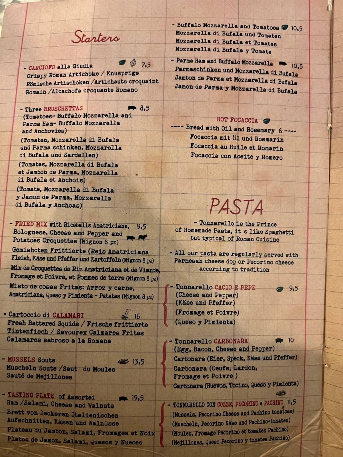 Menu da Tonnarello pub & bar, Roma, Via della Paglia