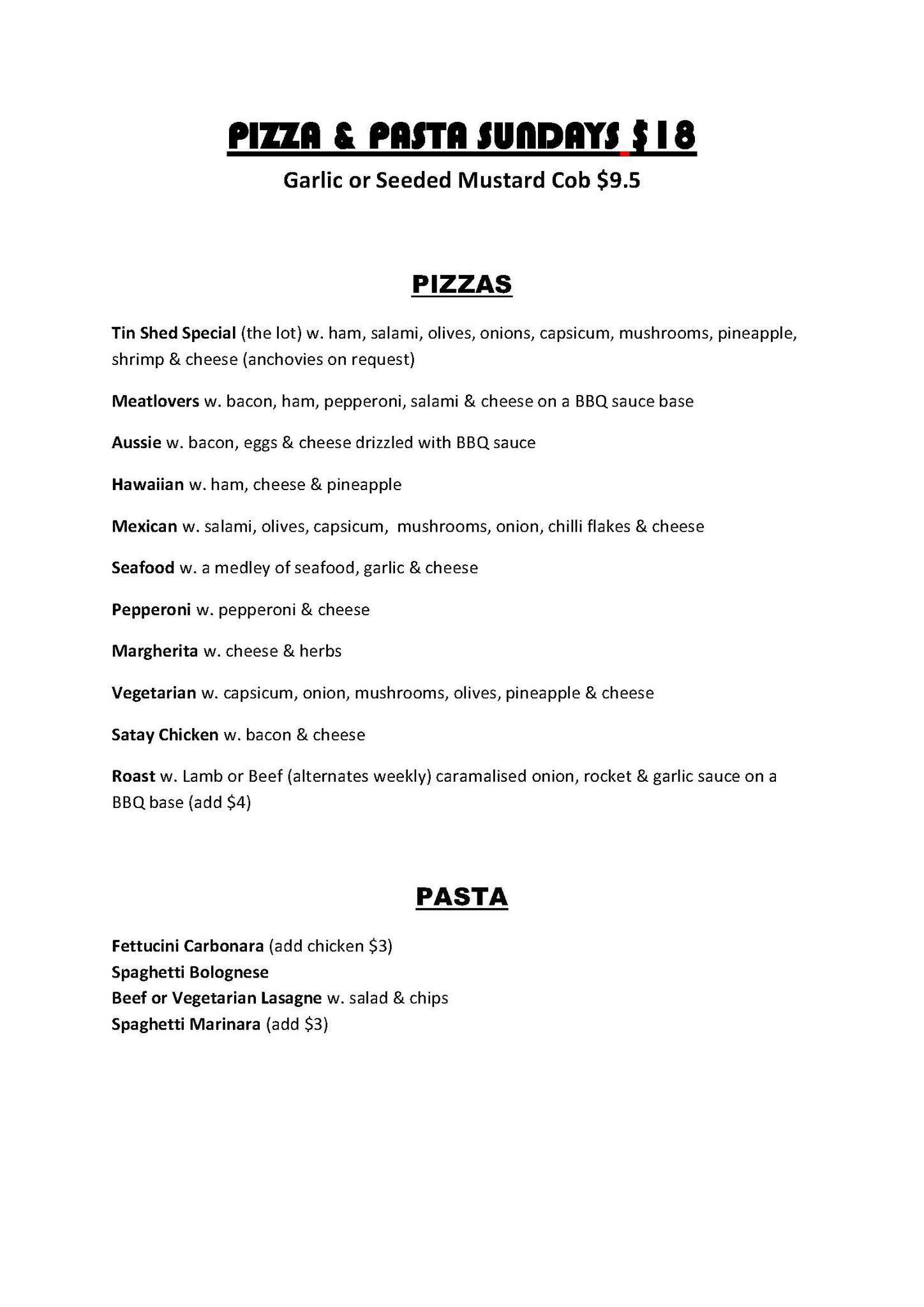 Menu at Toolleen Hotel & Tin Shed pub & bar, Toolleen