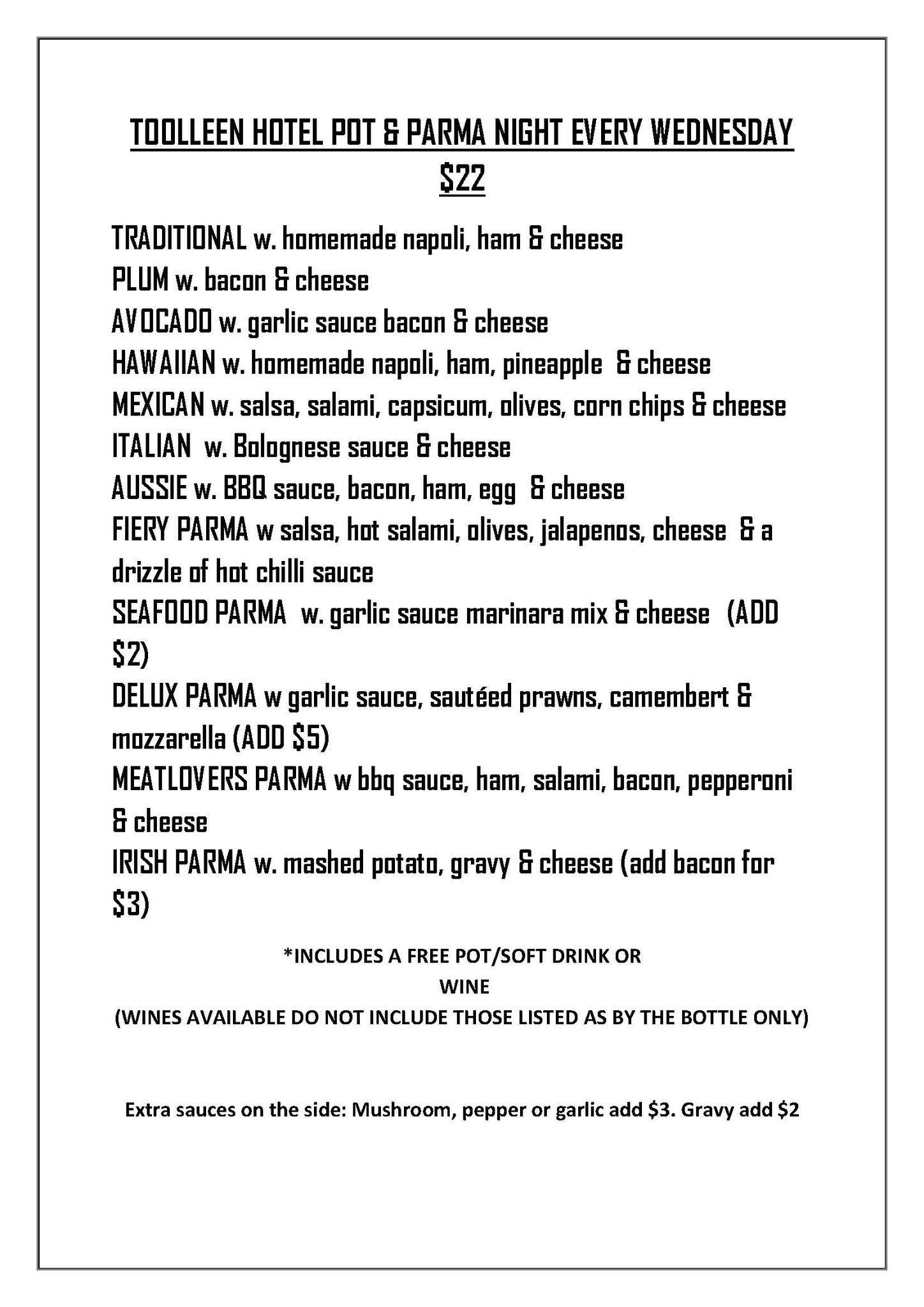 Menu at Toolleen Hotel & Tin Shed pub & bar, Toolleen