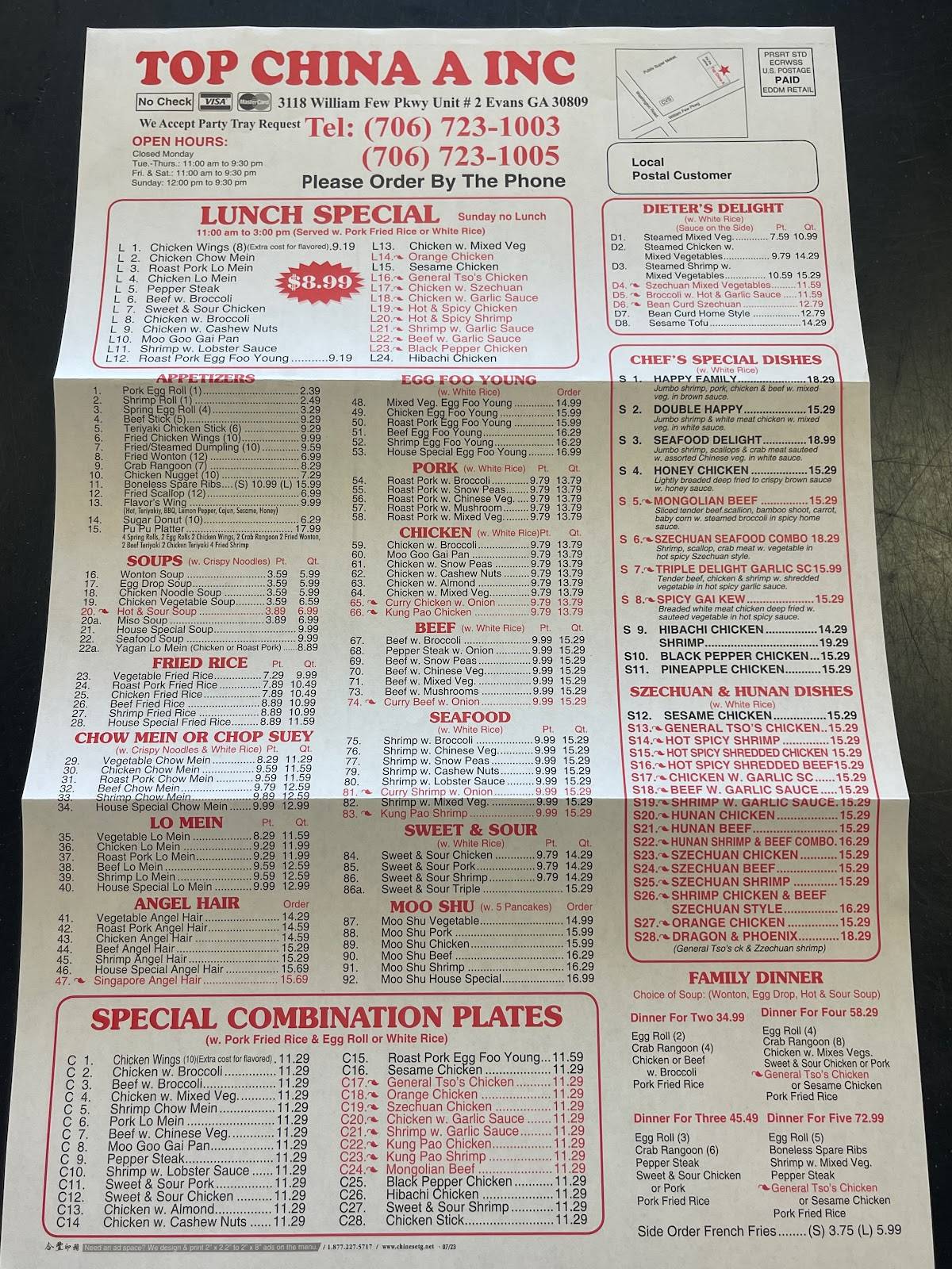 Menu at Top China A INC restaurant, Evans, William Few Pkwy #2