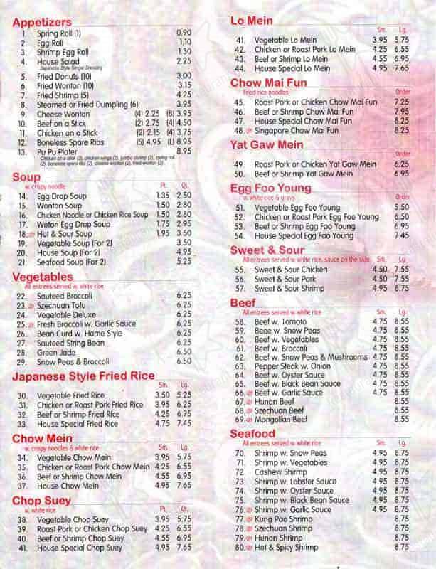 Menu at Top China restaurant, Bella Vista