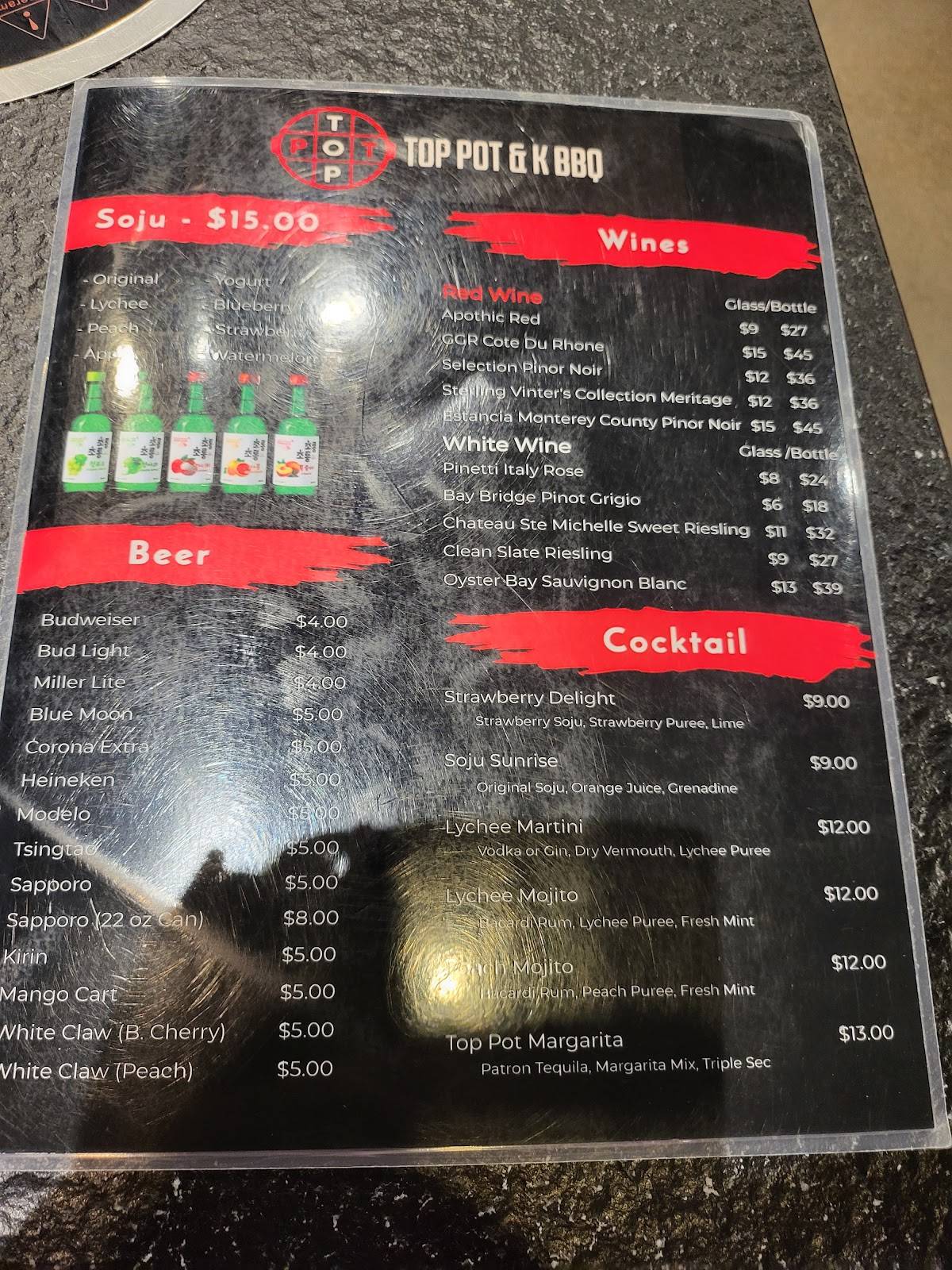 Menu at Top Pot & K BBQ, Sharonville