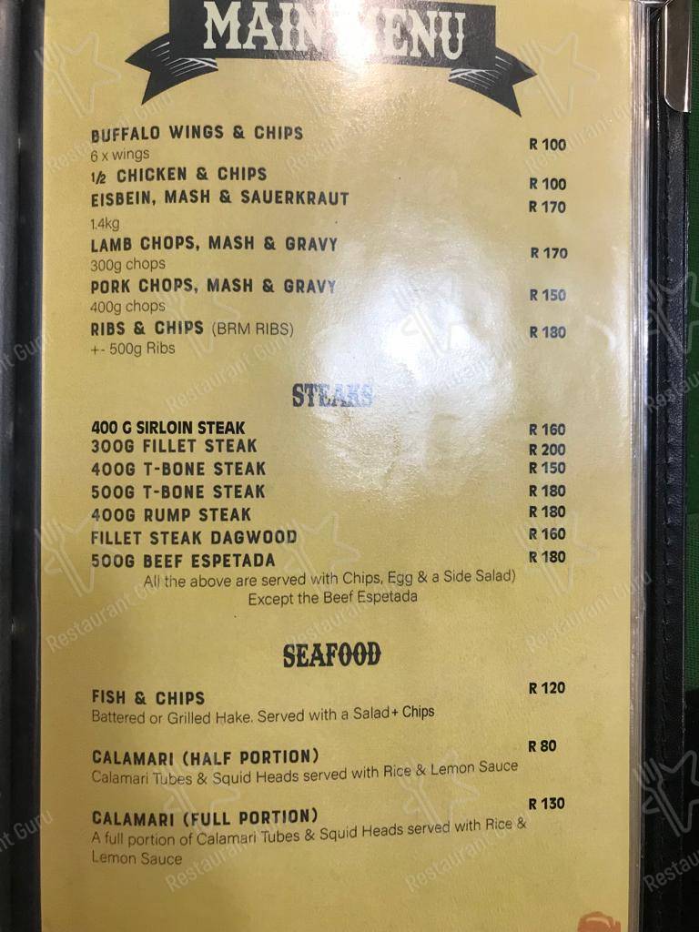 Menu at Top Shots Saloon pub & bar, Boksburg