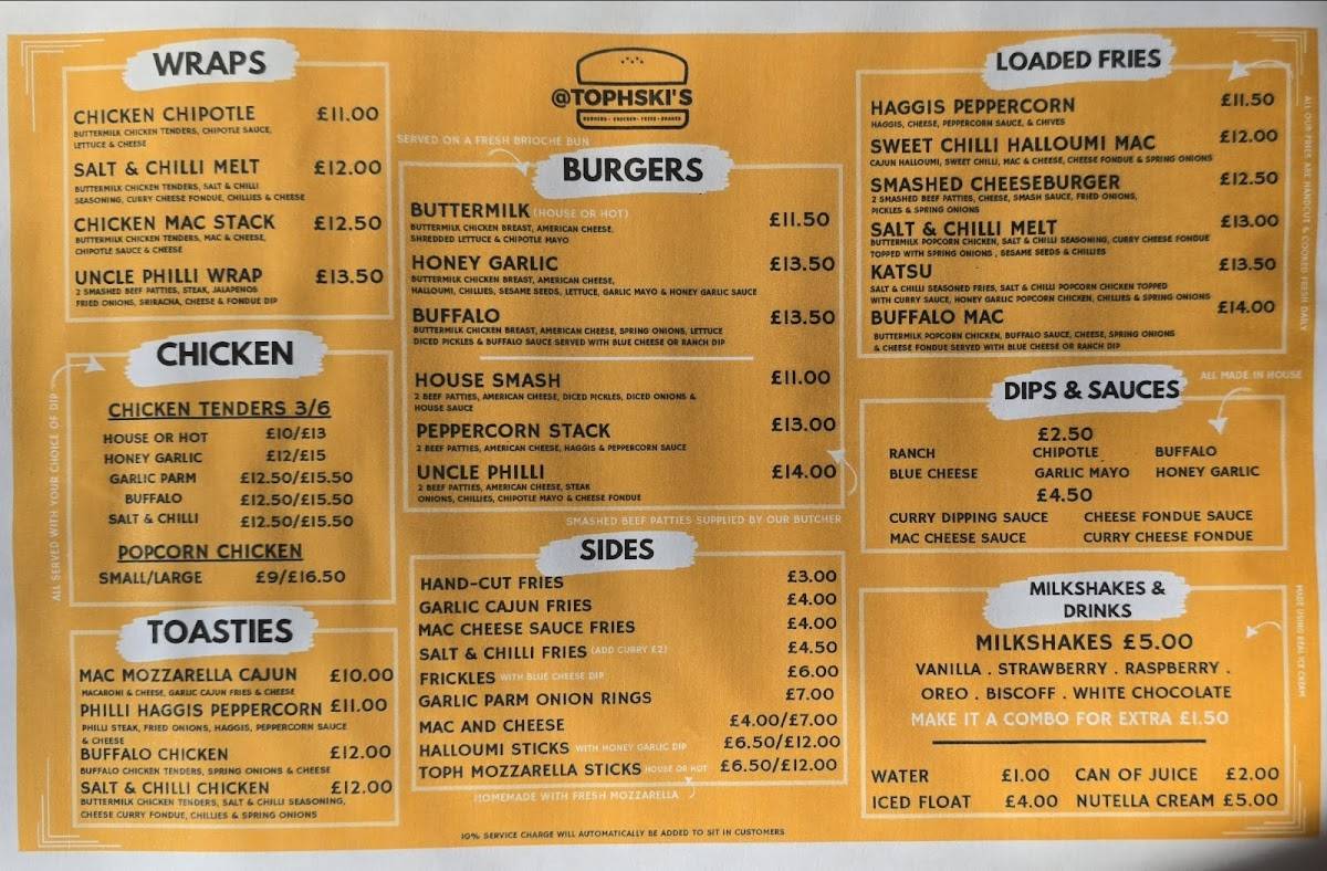 Menu at @Tophski’s restaurant, Glasgow