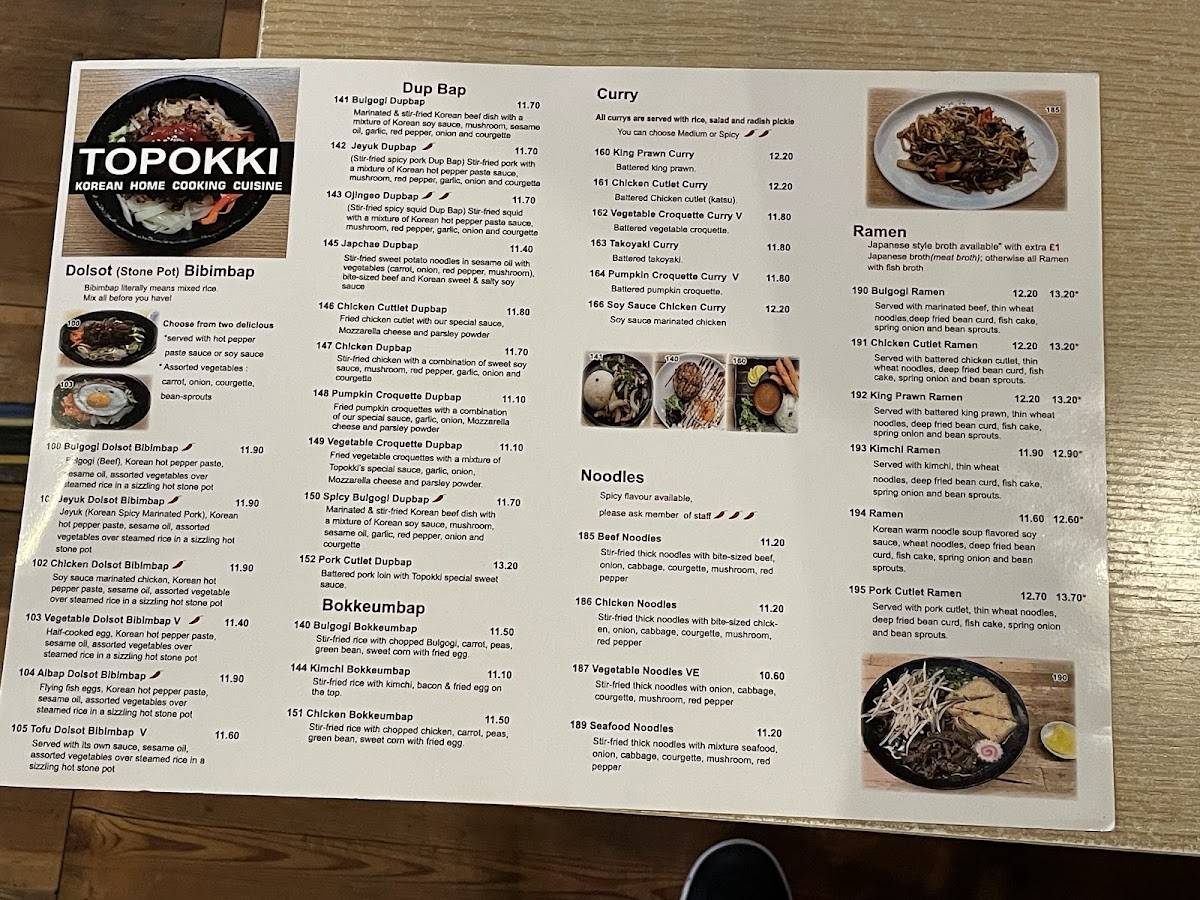 Menu at Topokki restaurant, Birmingham, 1C Hurst St