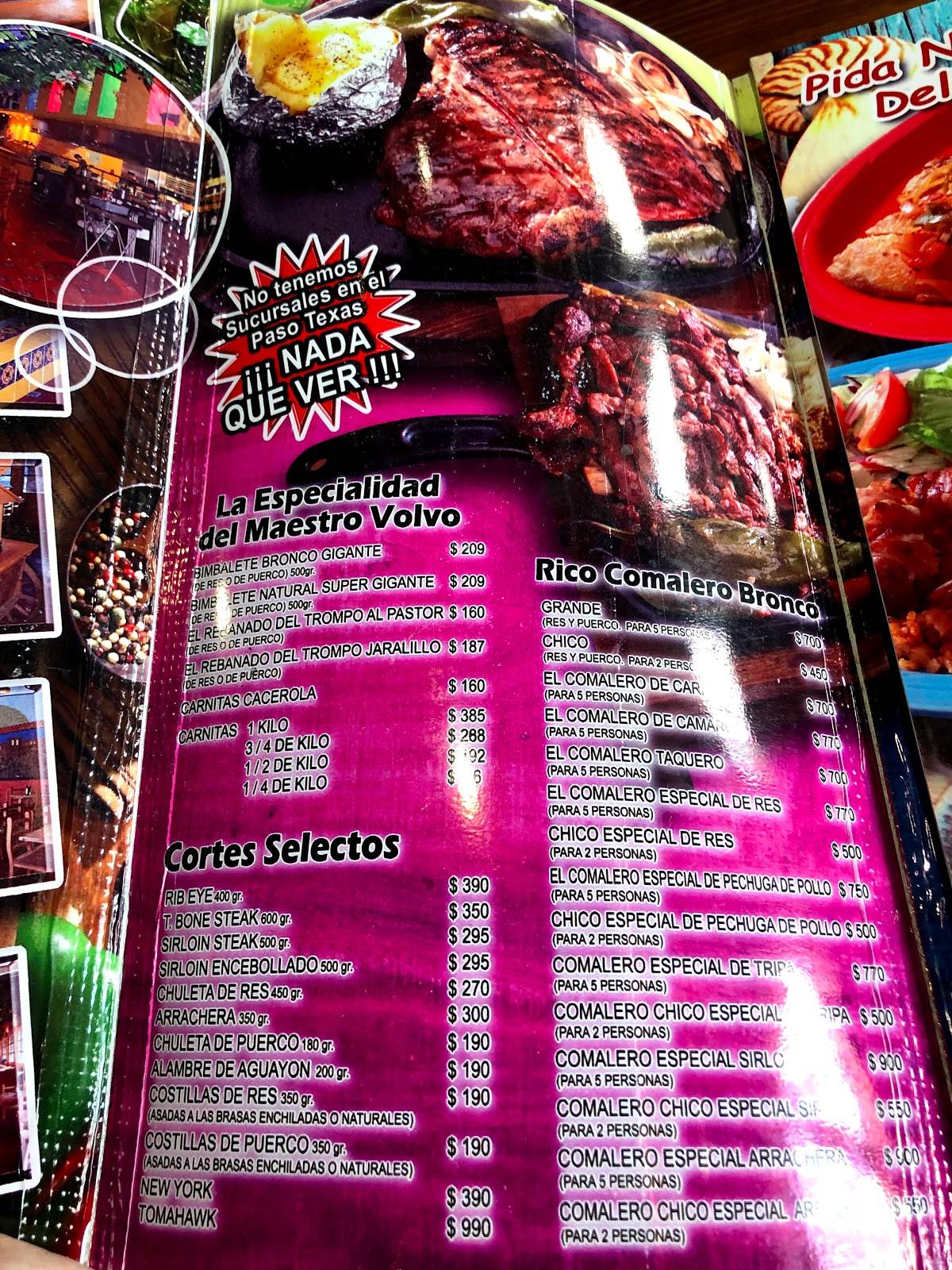Carta del restaurante Toro Bronco Real, Ciudad Juarez, Av. Waterfill 427