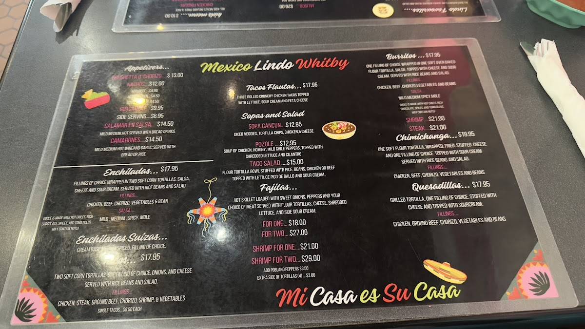 Menu at Mexico Lindo restaurant, Whitby, 915 Taunton Rd E