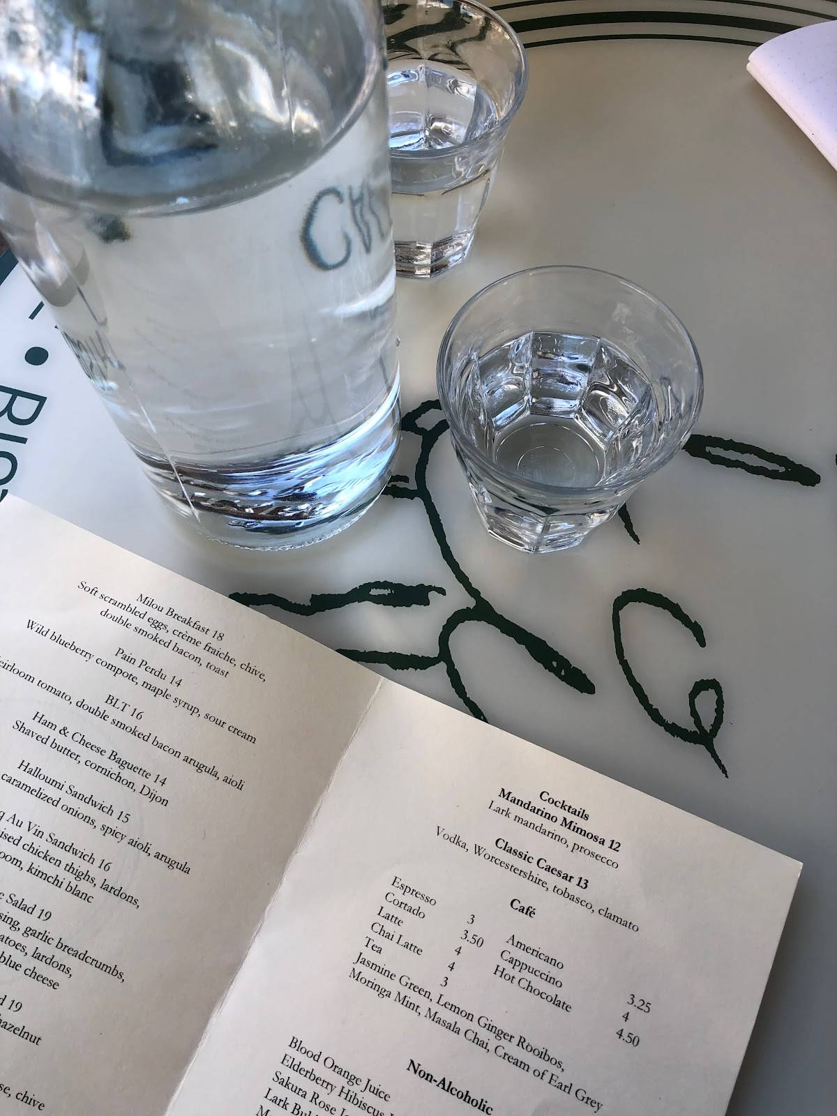 Menu at Milou cafe, Toronto