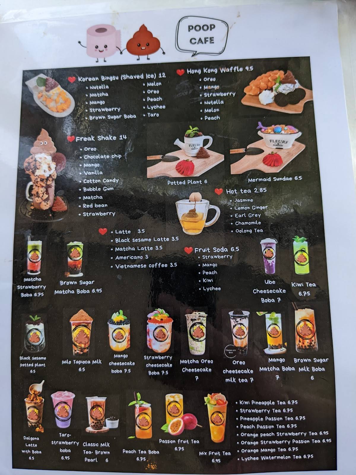 Menu at Poop Café, Toronto